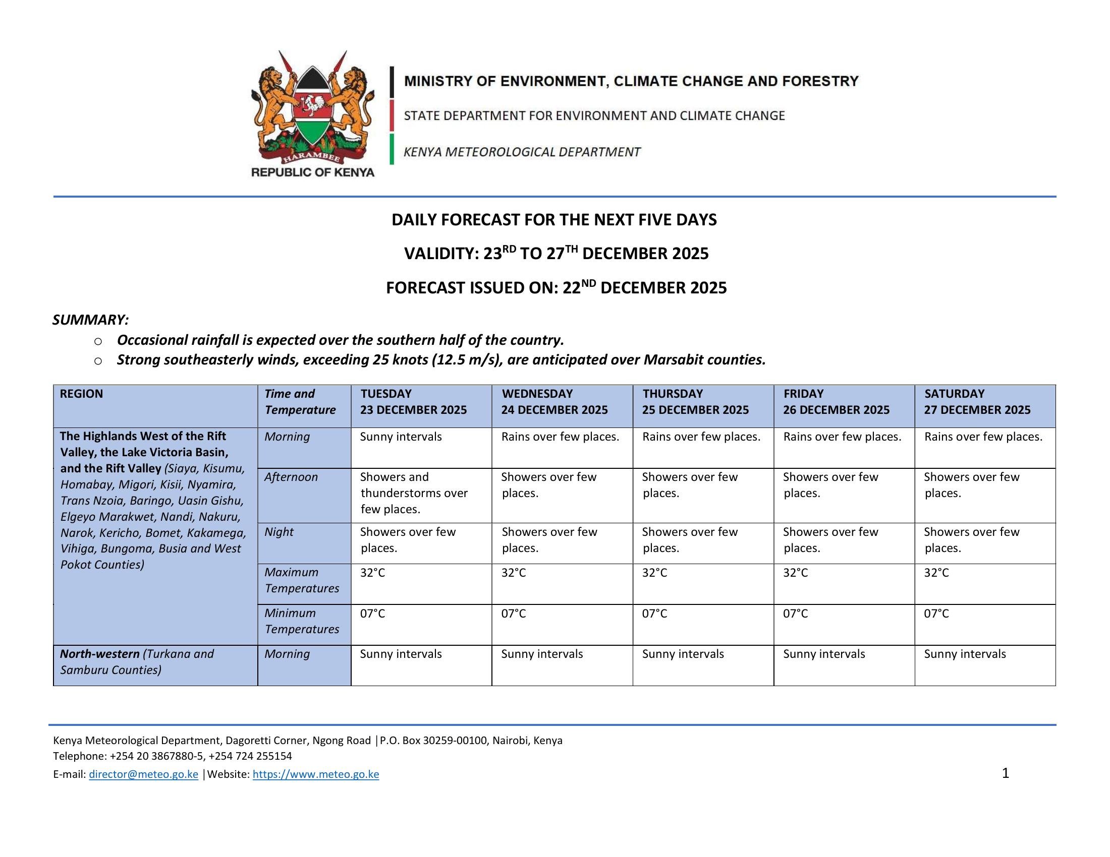 FIVE DAY FORECAST (23-27 Dec 2025)