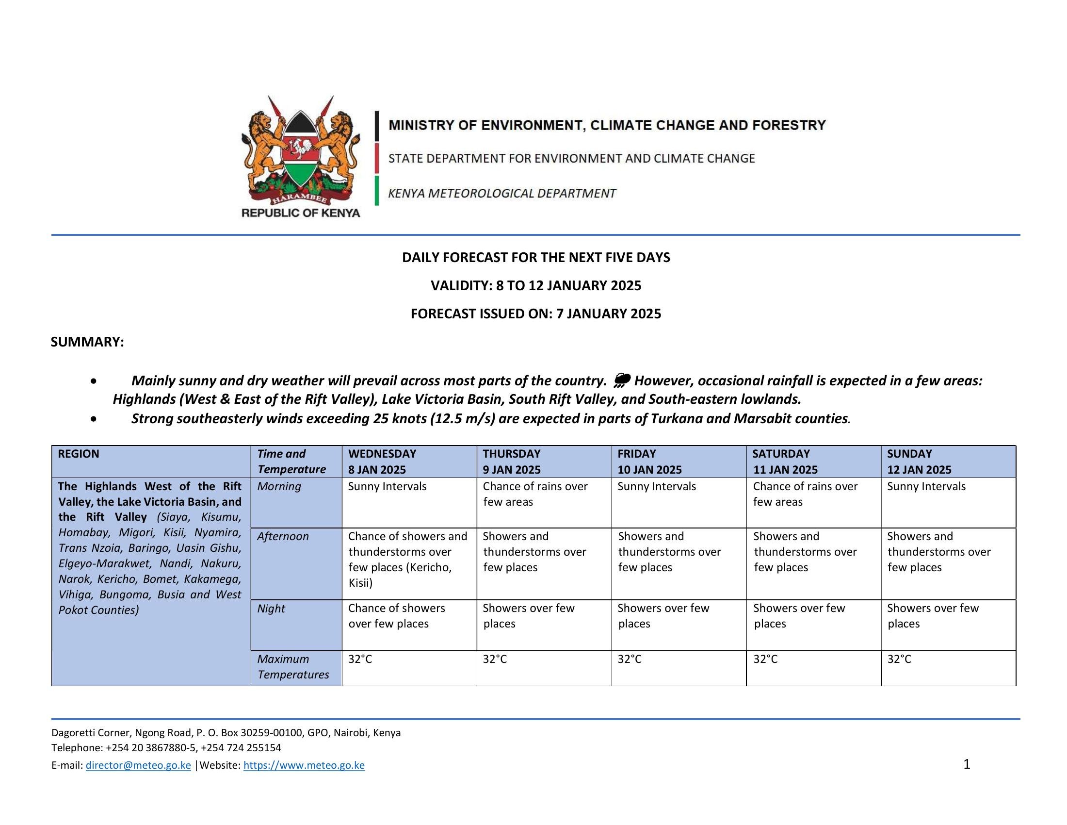 Five-day Weather Forecast valid 8th to 12th January 2025