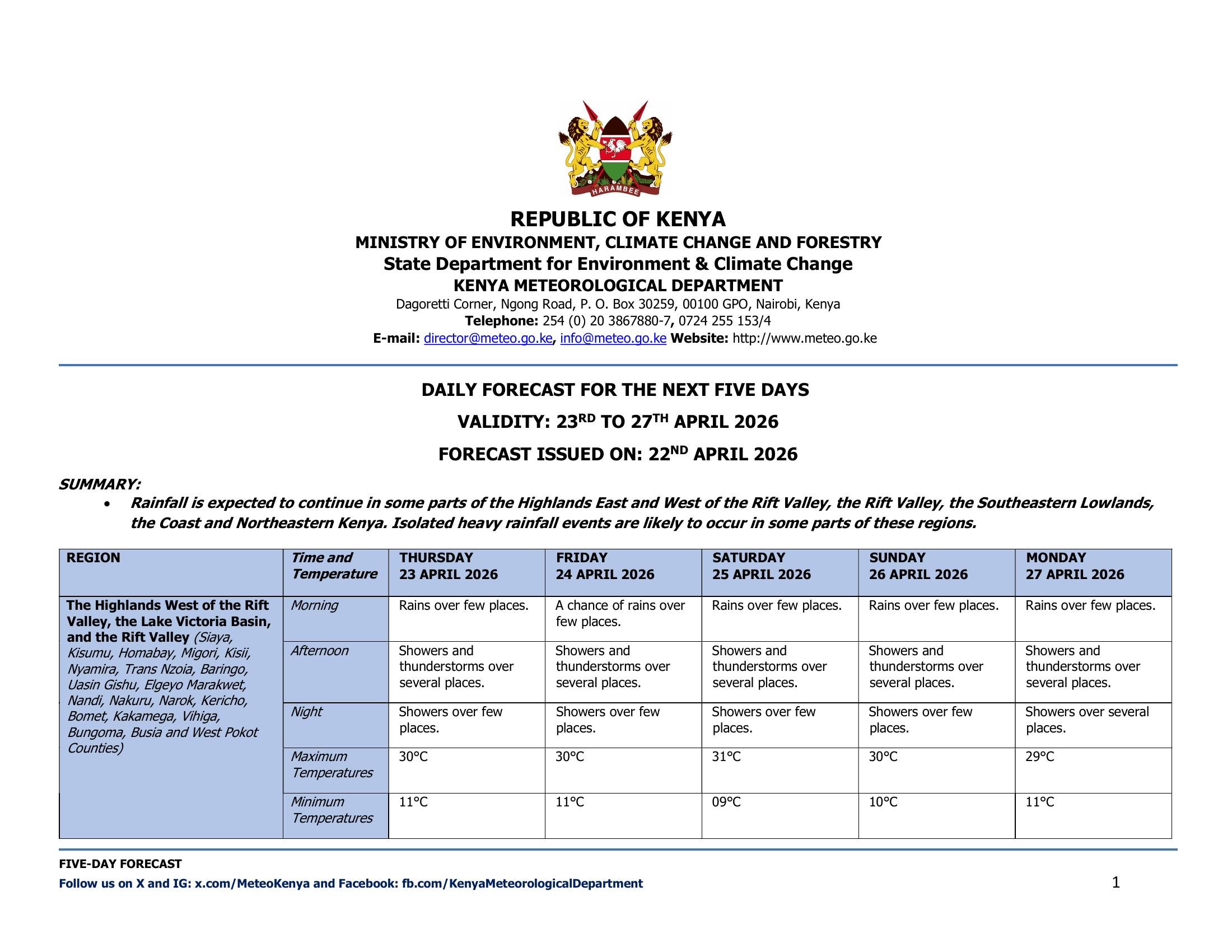 FIVE DAY FORECAST (23rd to 27th April 2026)