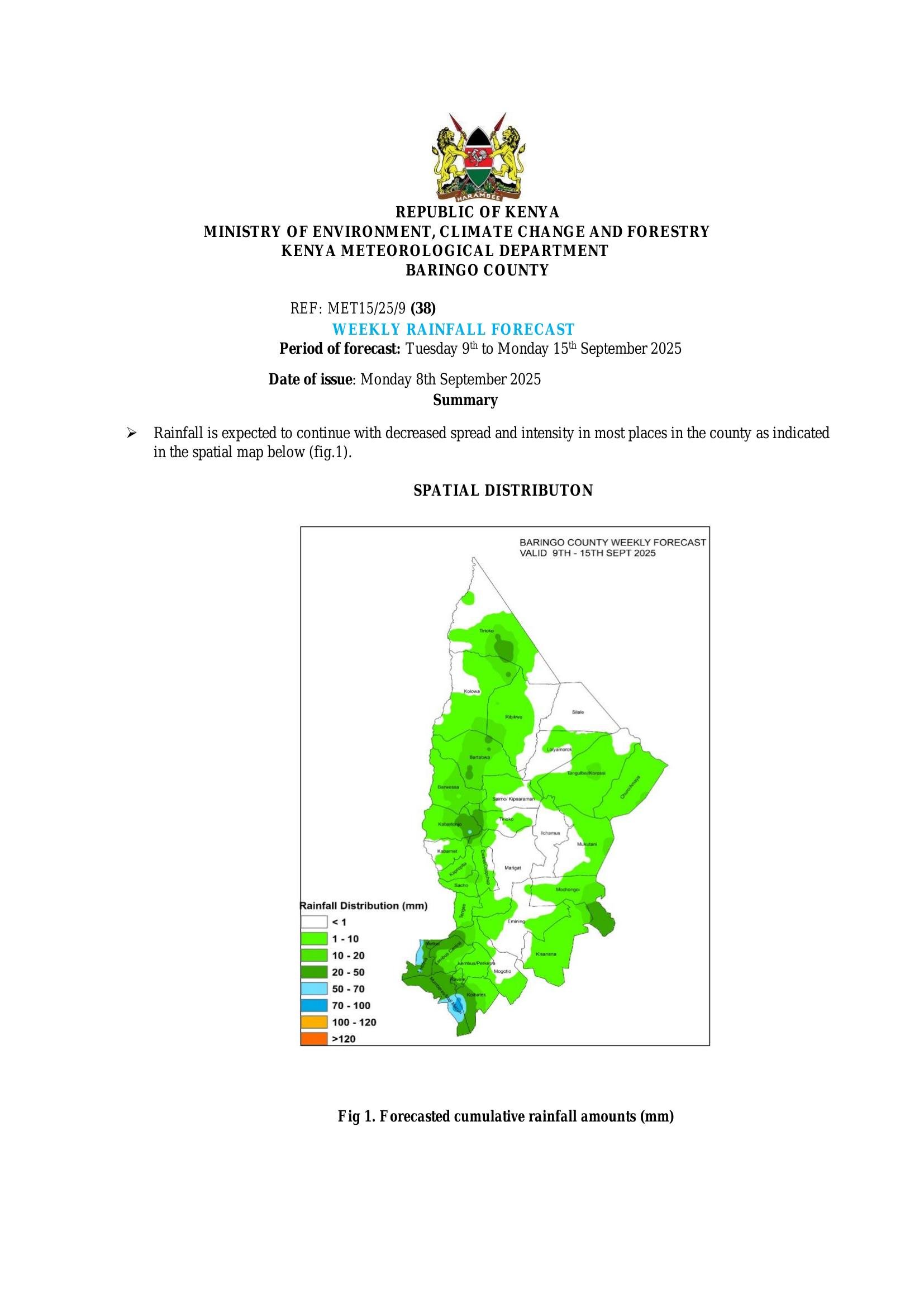 Baringo County weekly forecast ( 9-15 Sept. 2025)