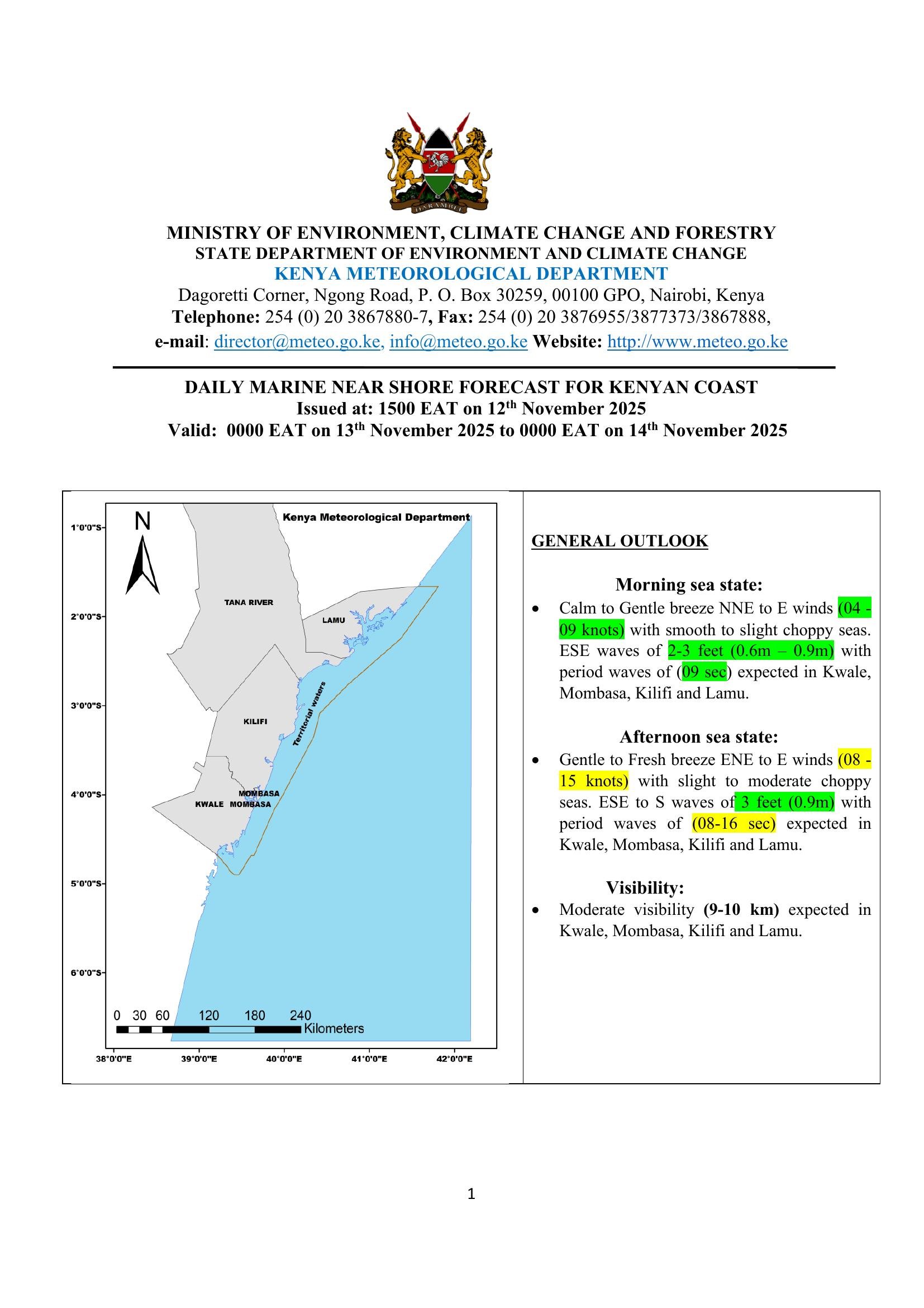 Daily marine forecast valid 13th Nov 2025