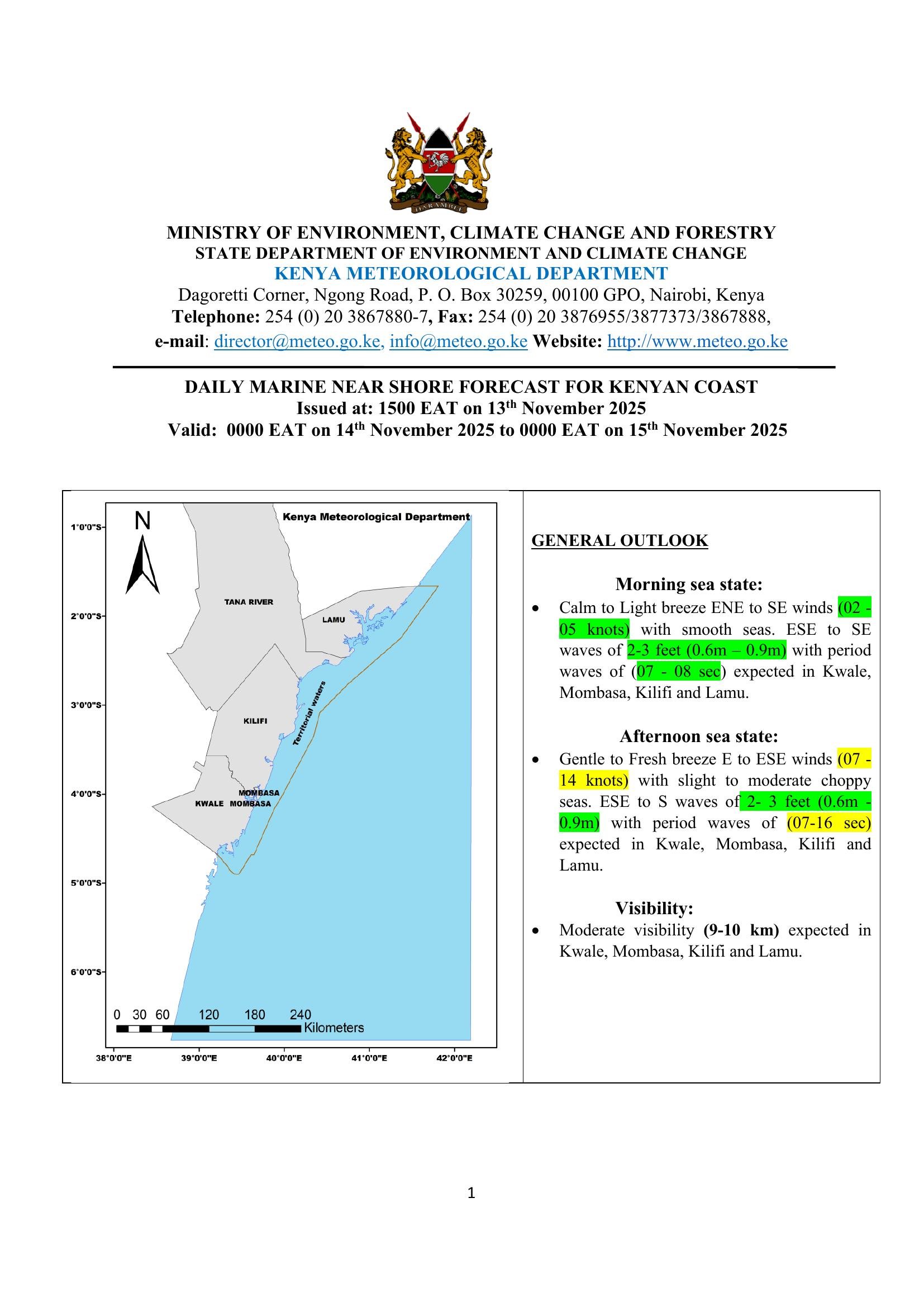 Daily marine forecast valid 14th Nov 2025