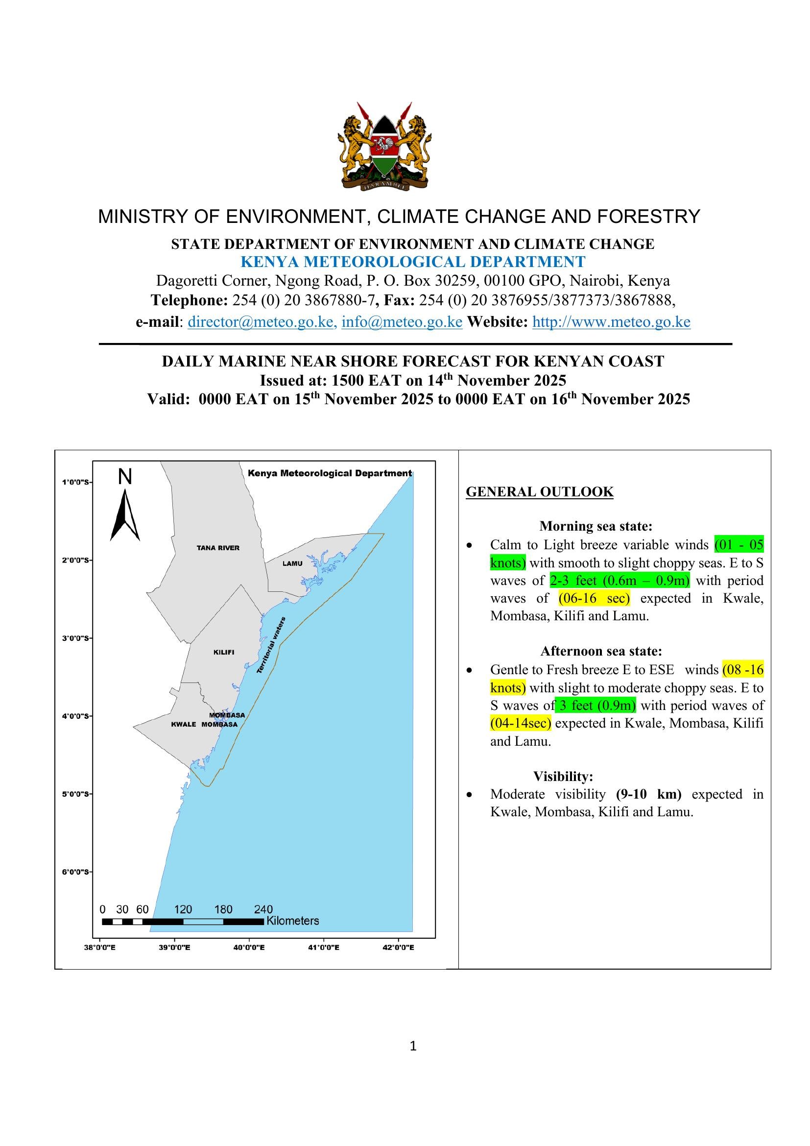 Daily marine forecast valid 15th Nov 2025