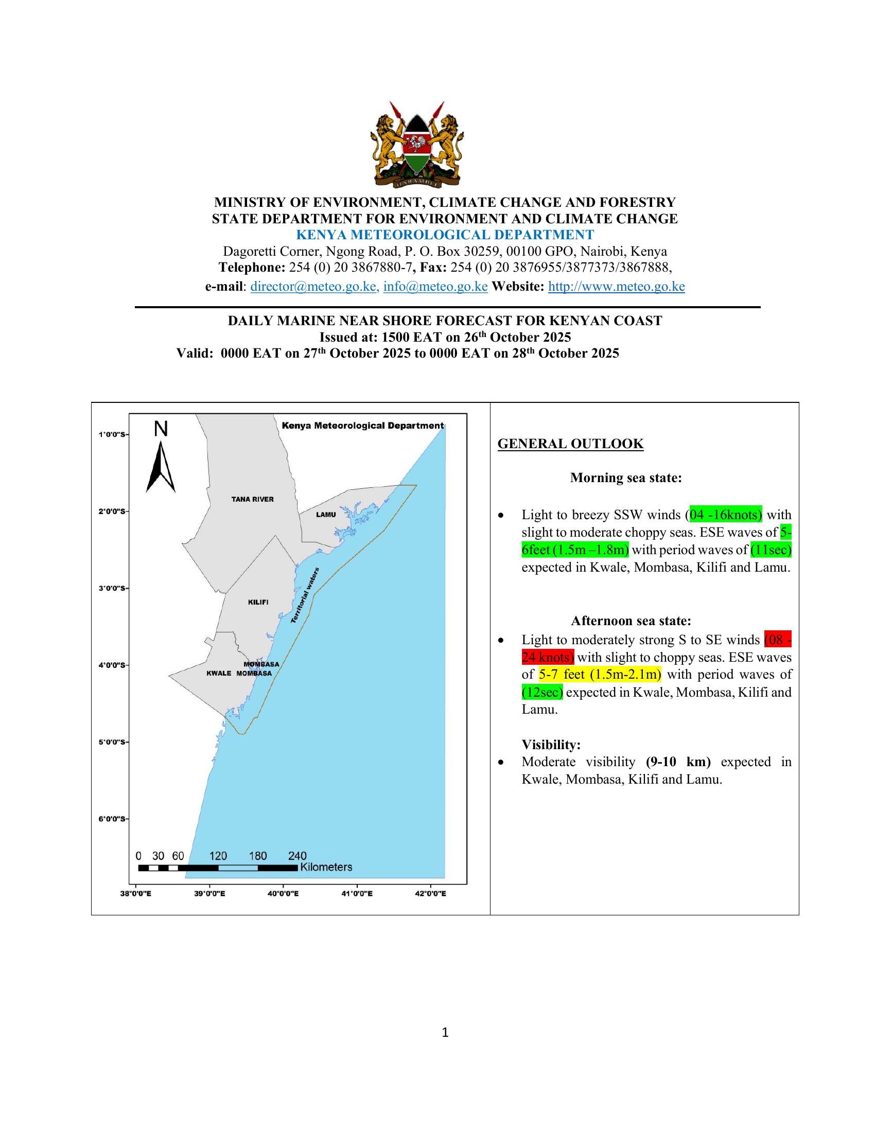 Daily marine forecast valid 27th October 2025