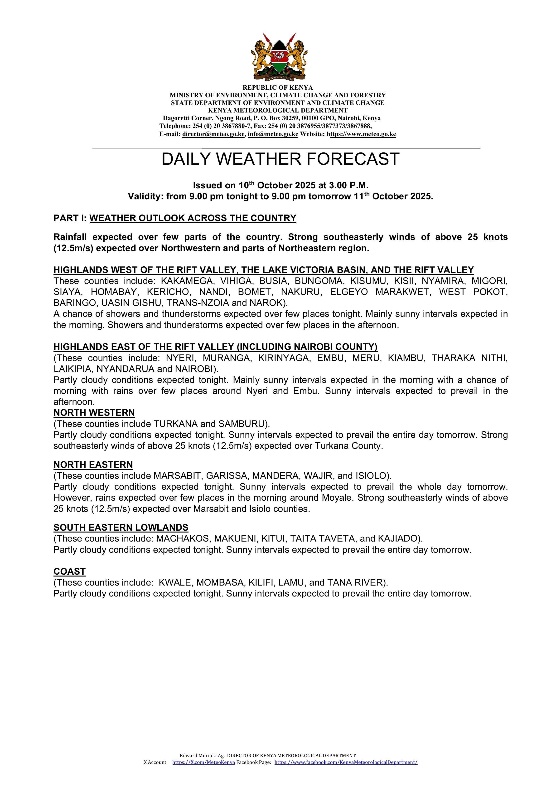 Daily weather forecast valid 11th October 2025