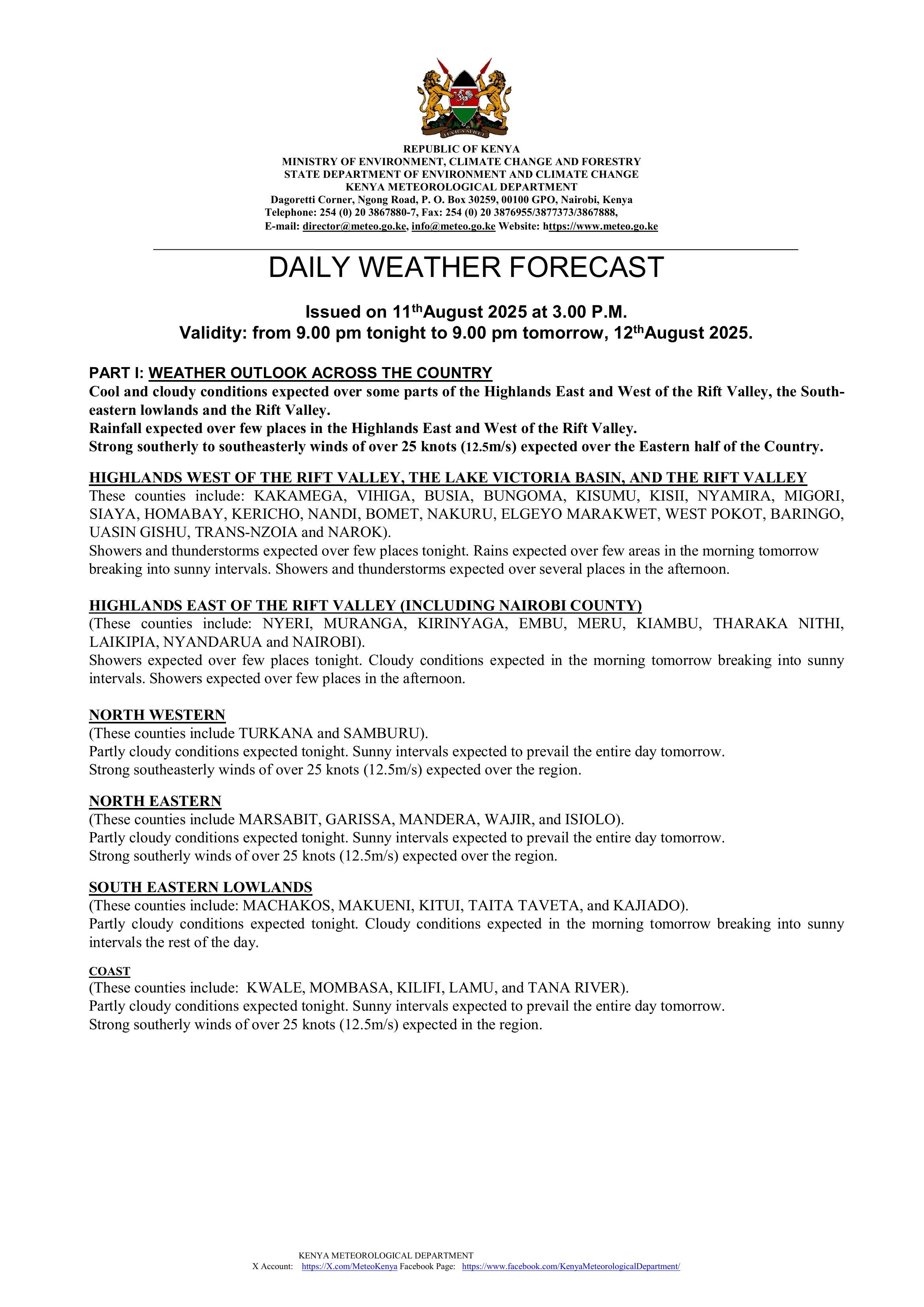 Daily weather forecast (12 Aug. 2025)