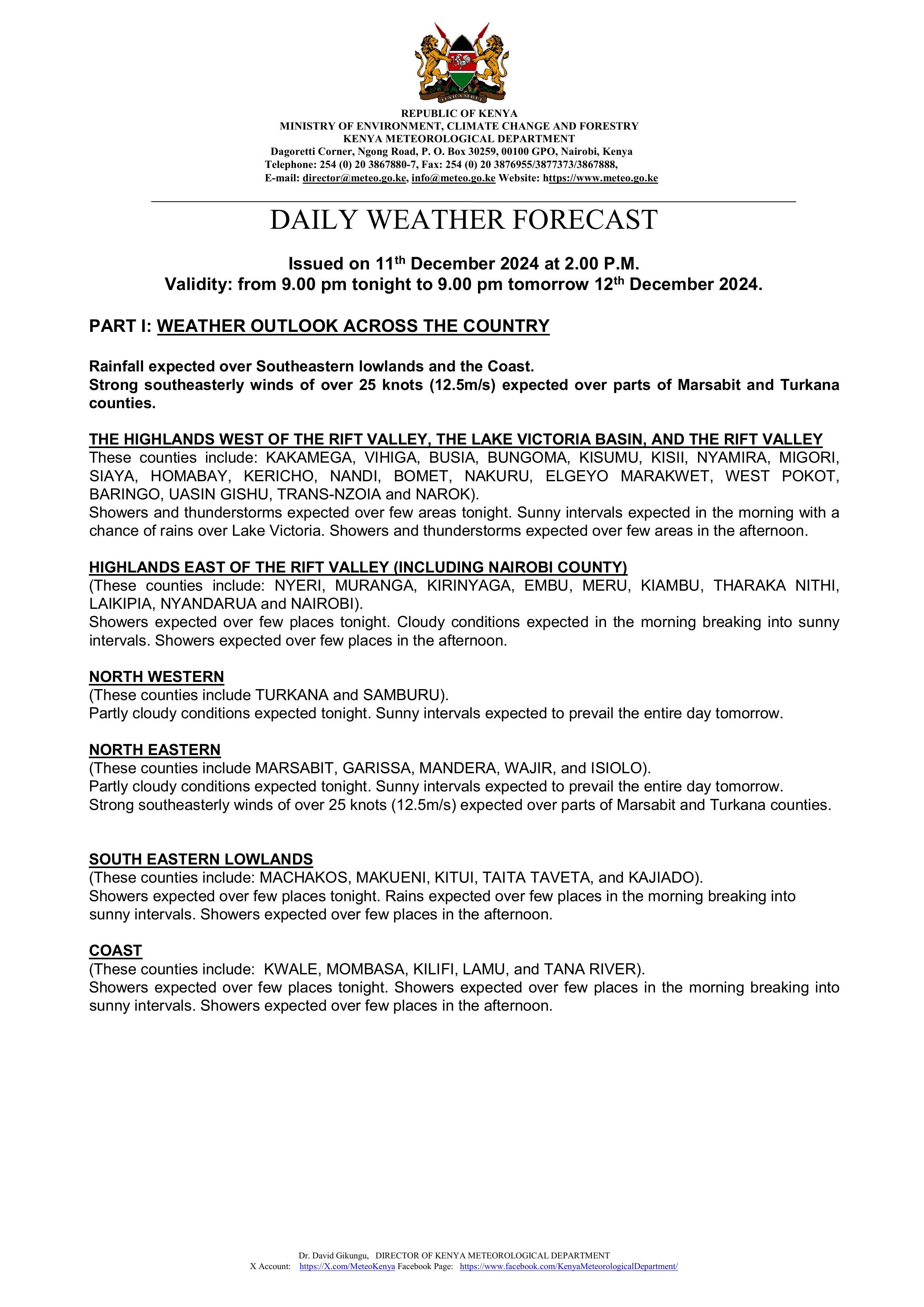 Daily weather forecast valdid 12th December 2024