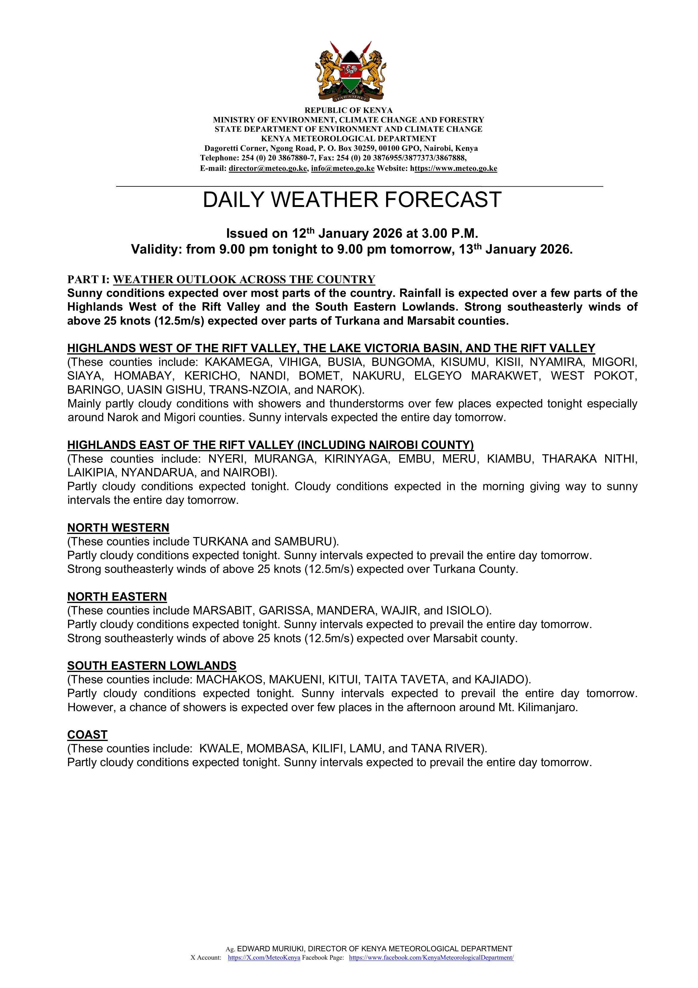 Daily Weather Forecast valid 13th January 2026