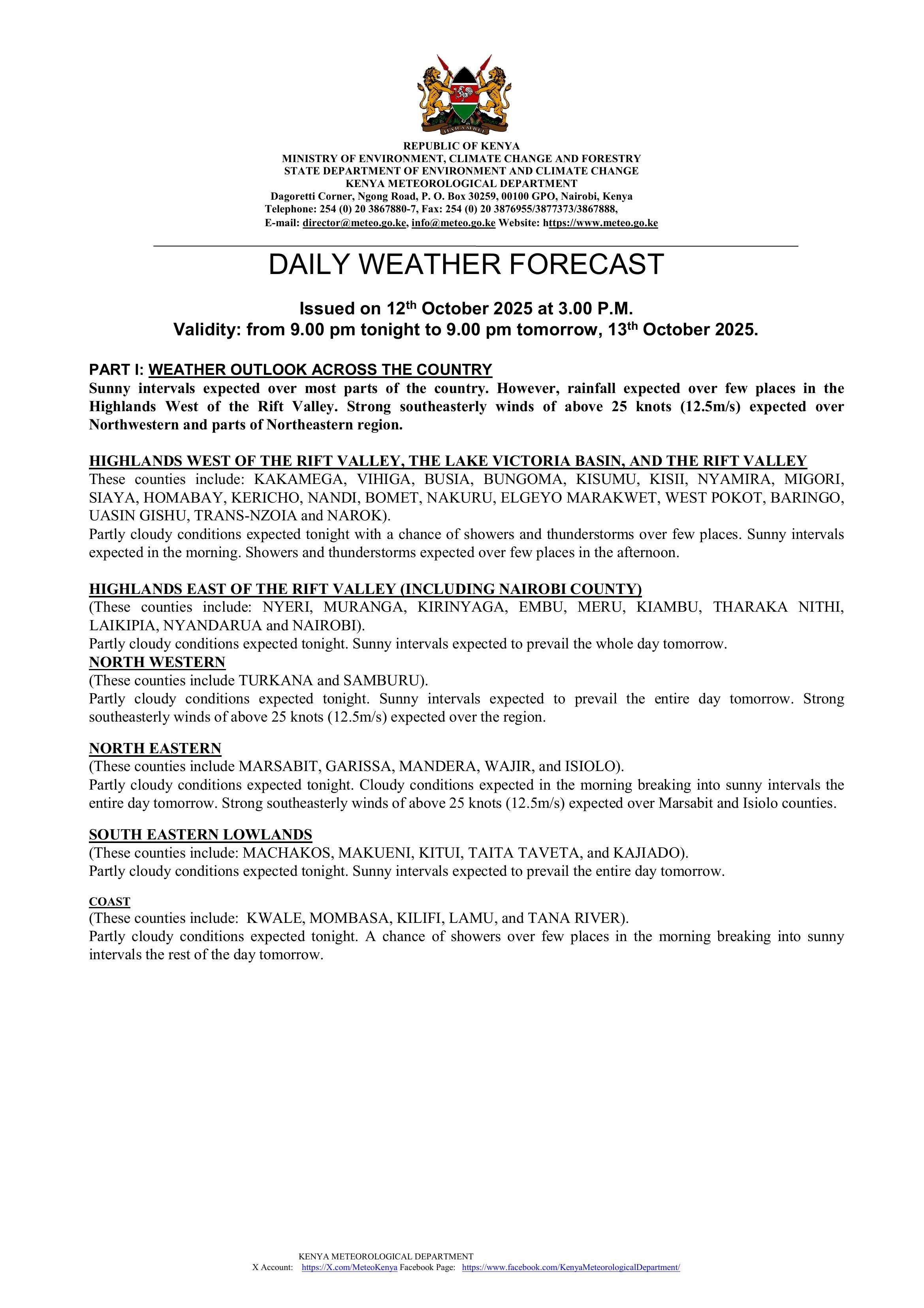 Daily weather forecast valid 13th October 2025