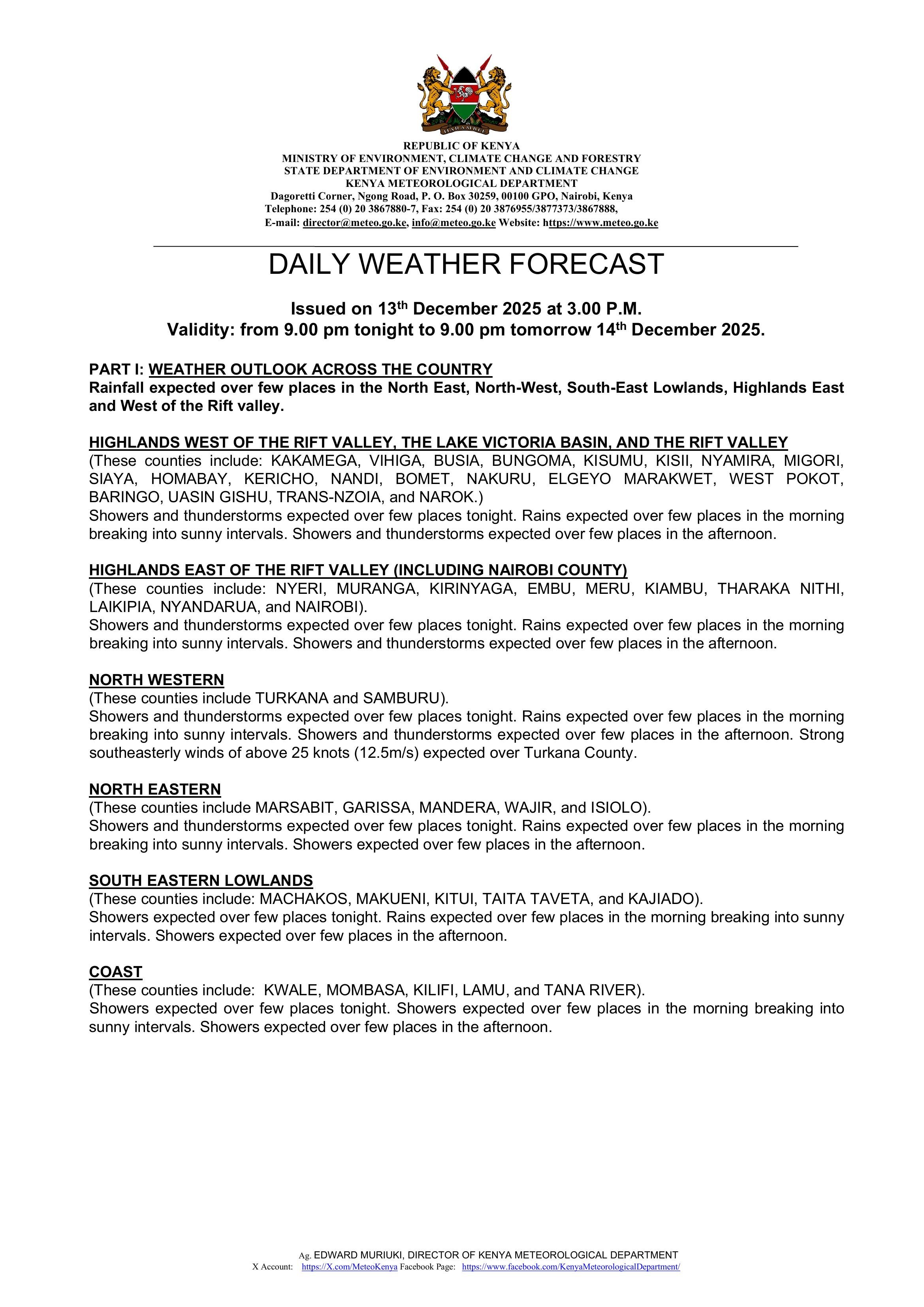 Daily weather forecast valid 14th Dec 2025