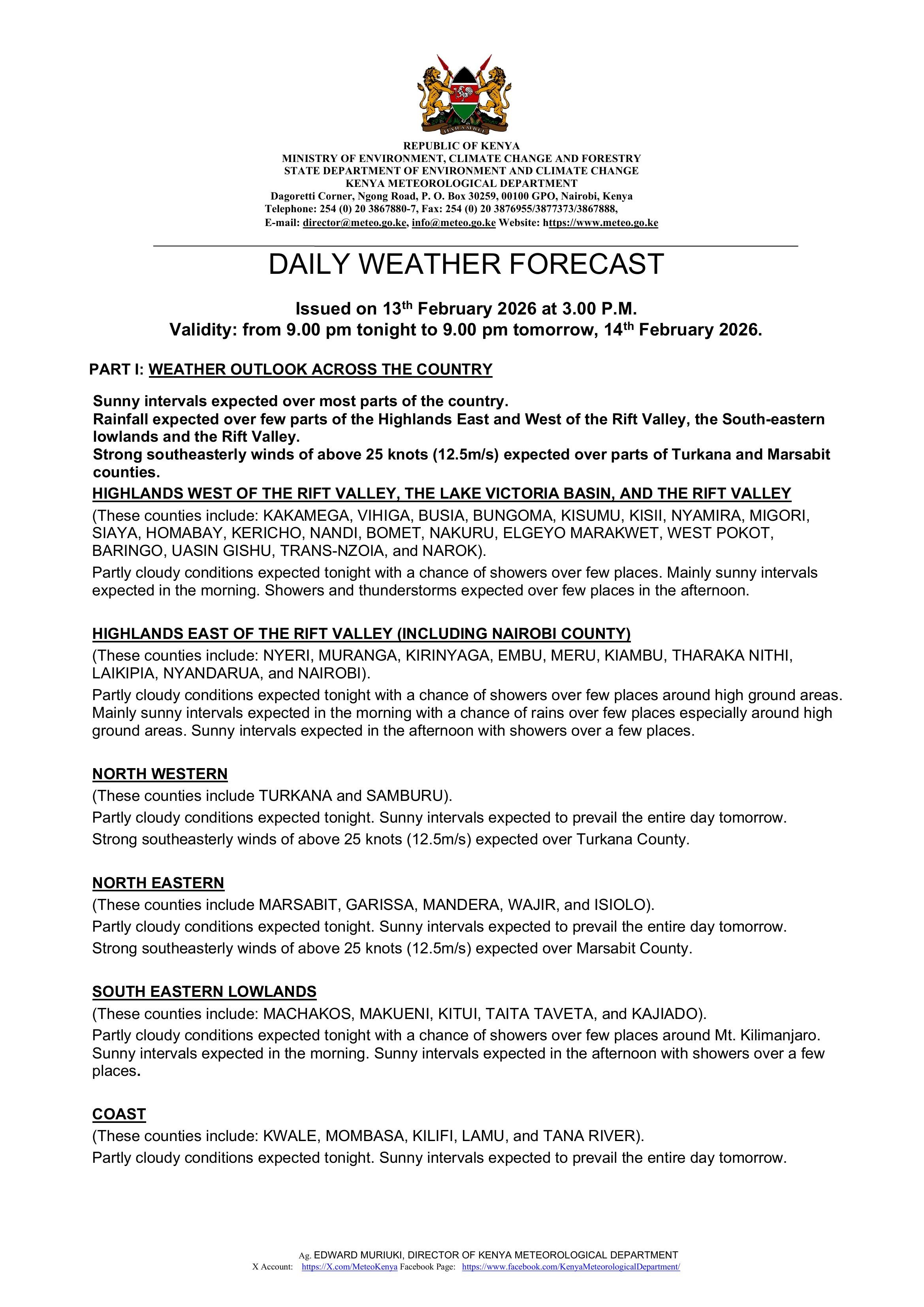 Daily weather forecast valid 14th Feb 2026