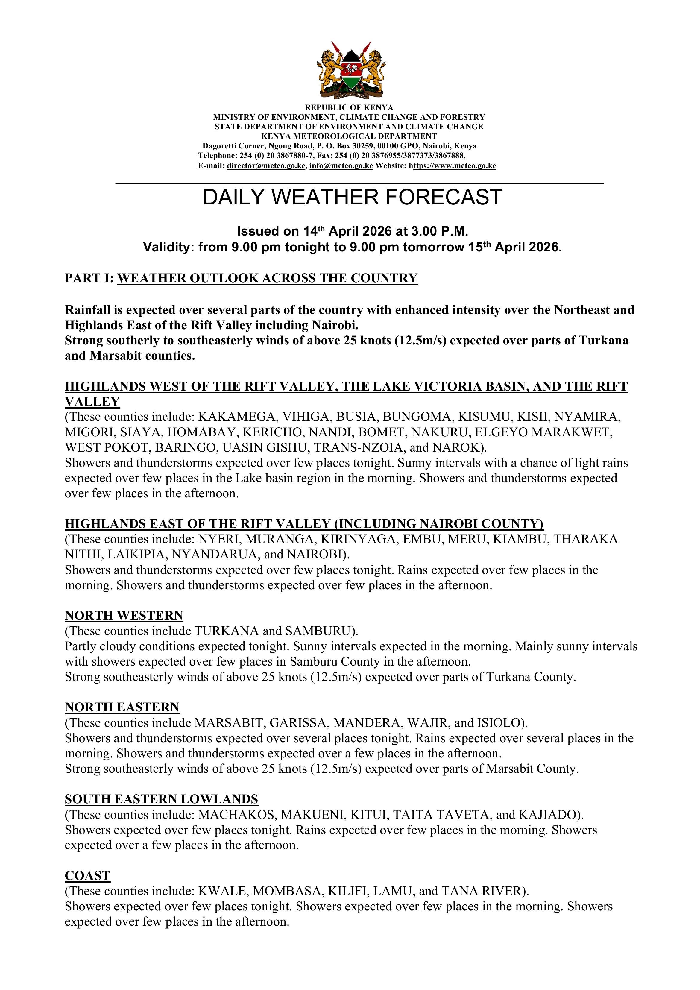 Daily weather forecast valid 15th April 2026