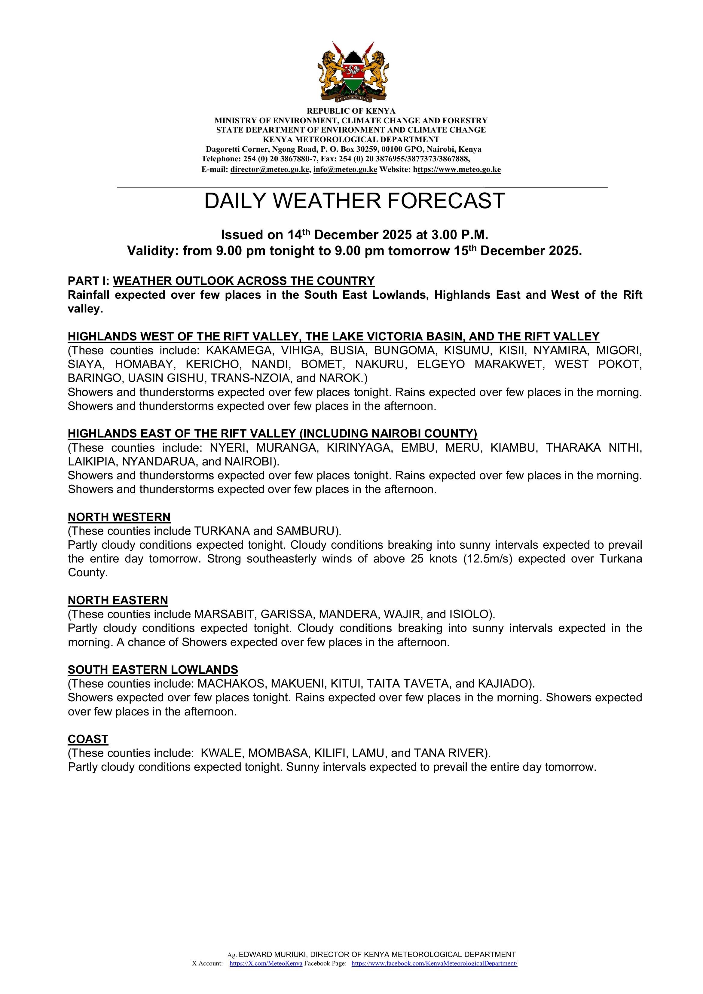 Daily weather forecast valid 15th Dec 2025
