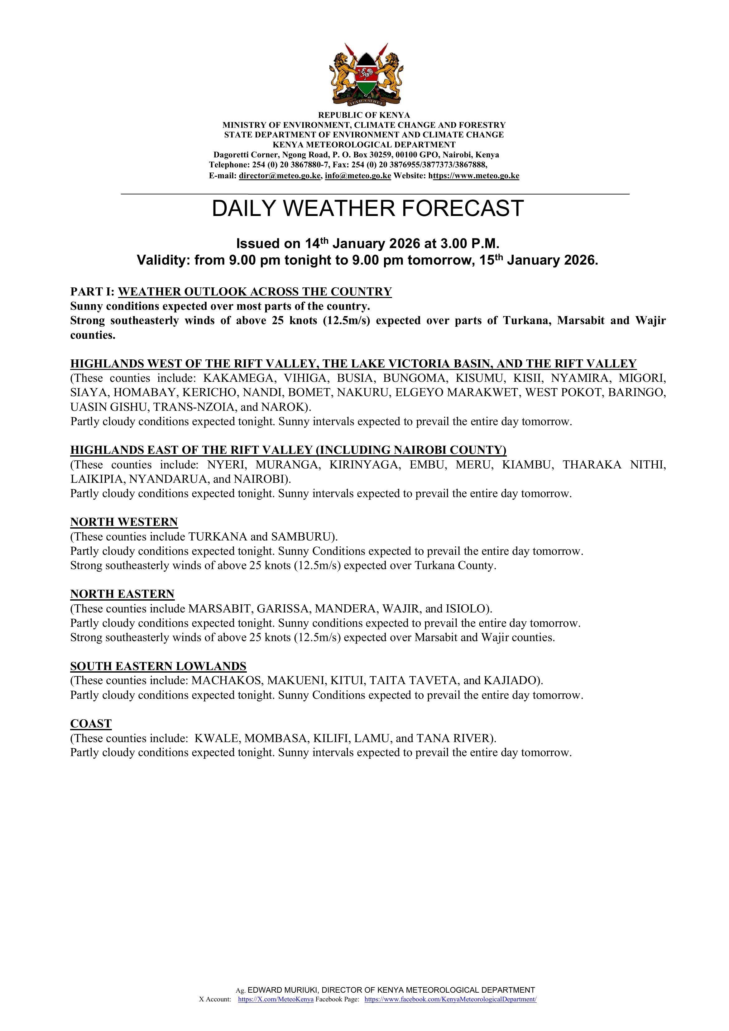Daily Weather Forecast valid 15th January 2026