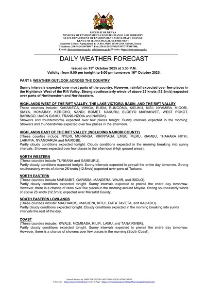 Daily weather forecast valid 16th October 2025