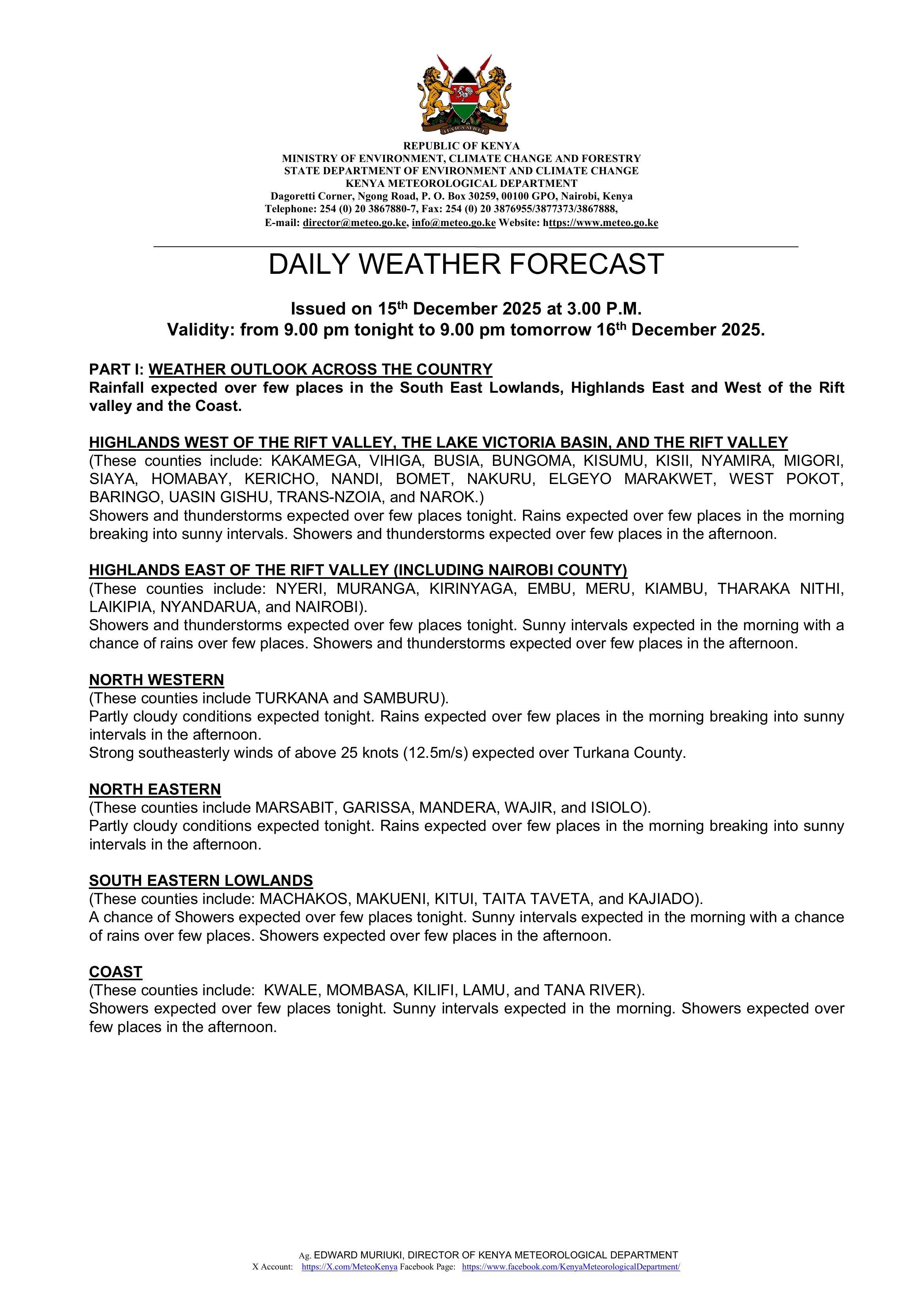 Daily weather forecast valid 16th Dec 2025