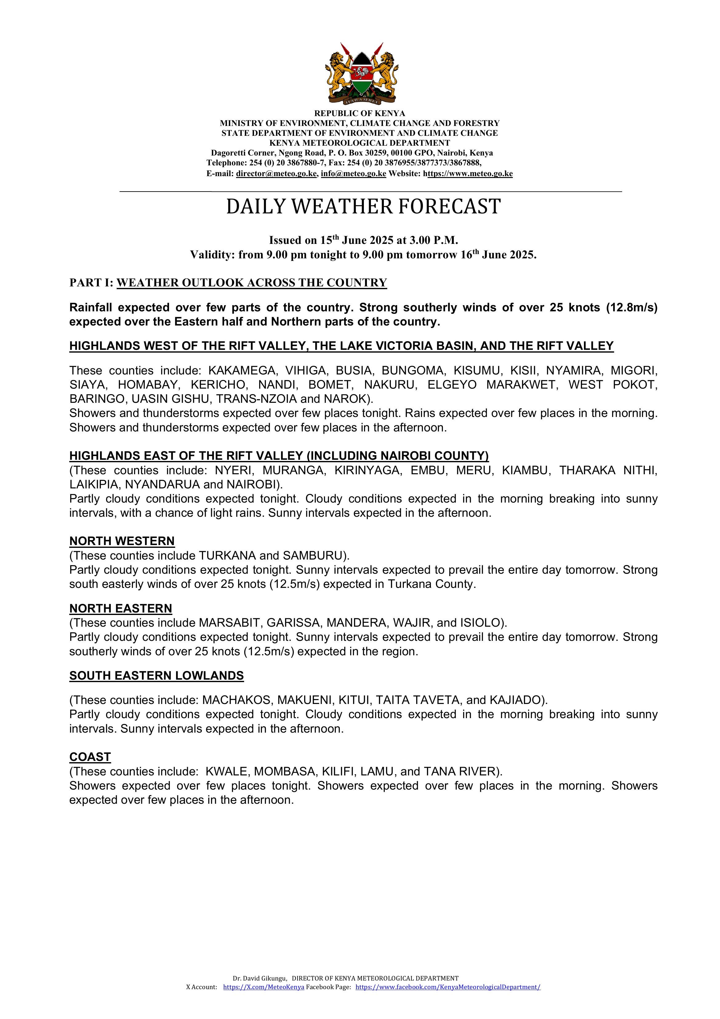 Daily weather forecast valid 16th June 2025