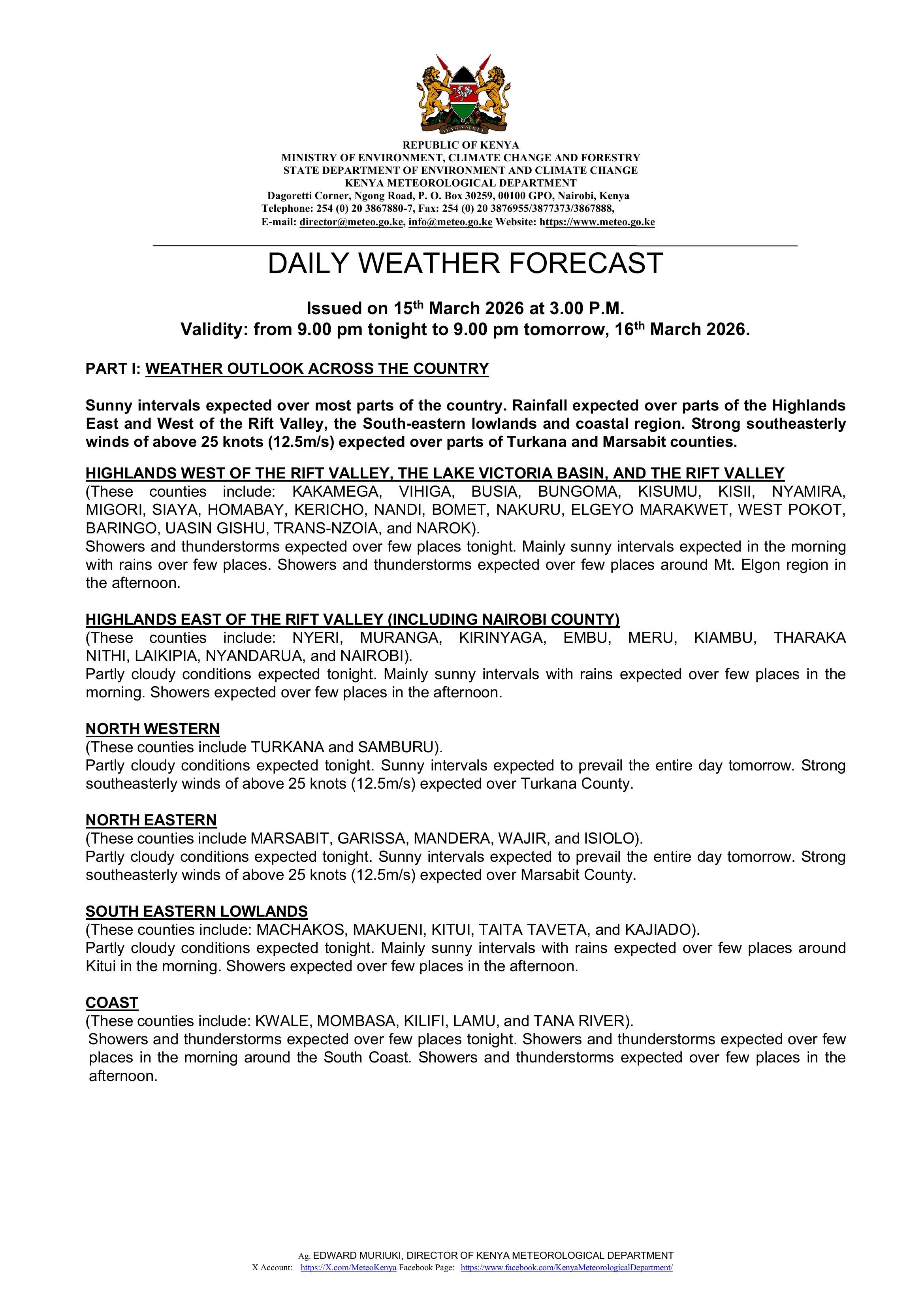 Daily weather forecast valid 16th March 2026