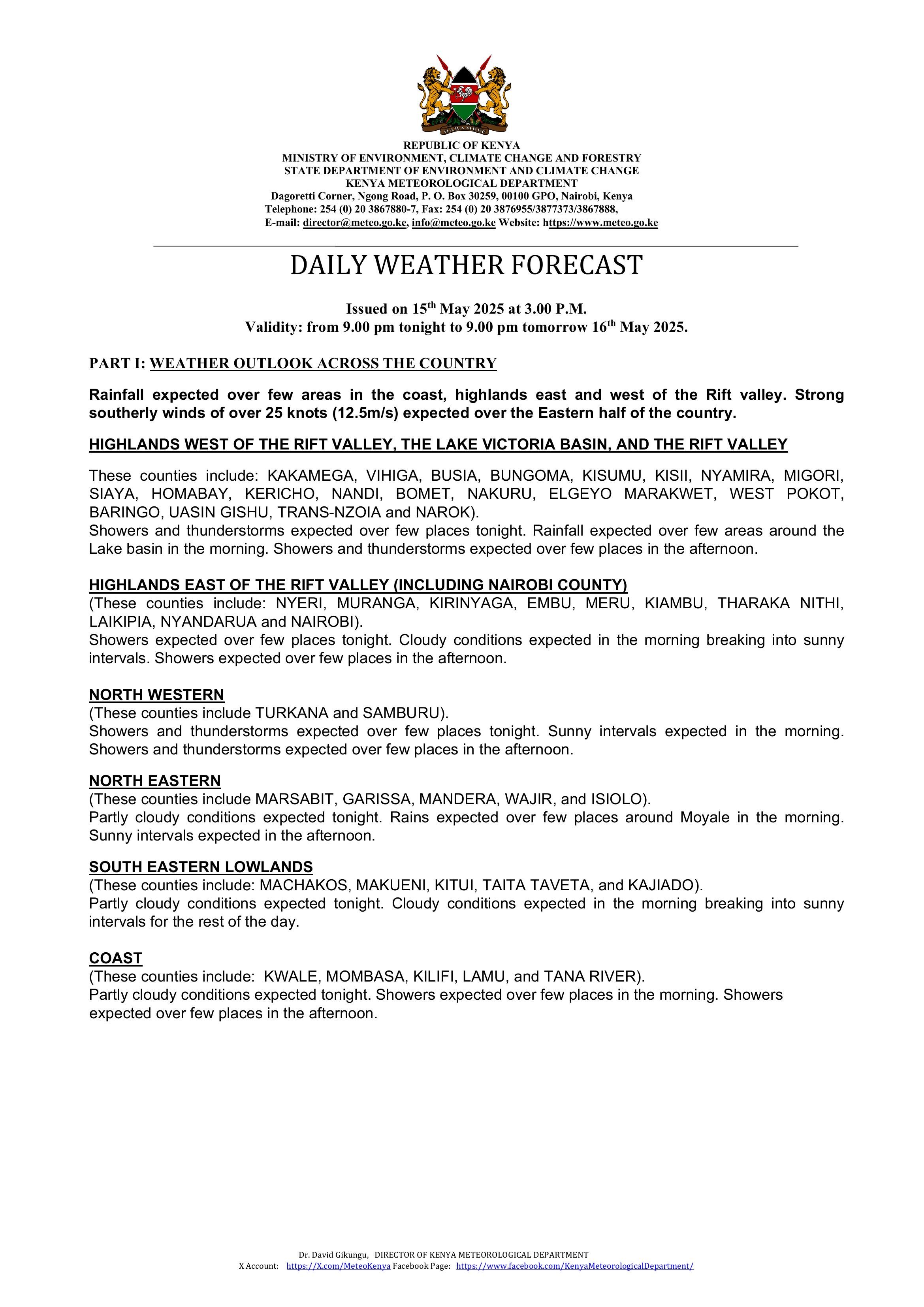 Daily Weather Forecast valid 16th May 2025