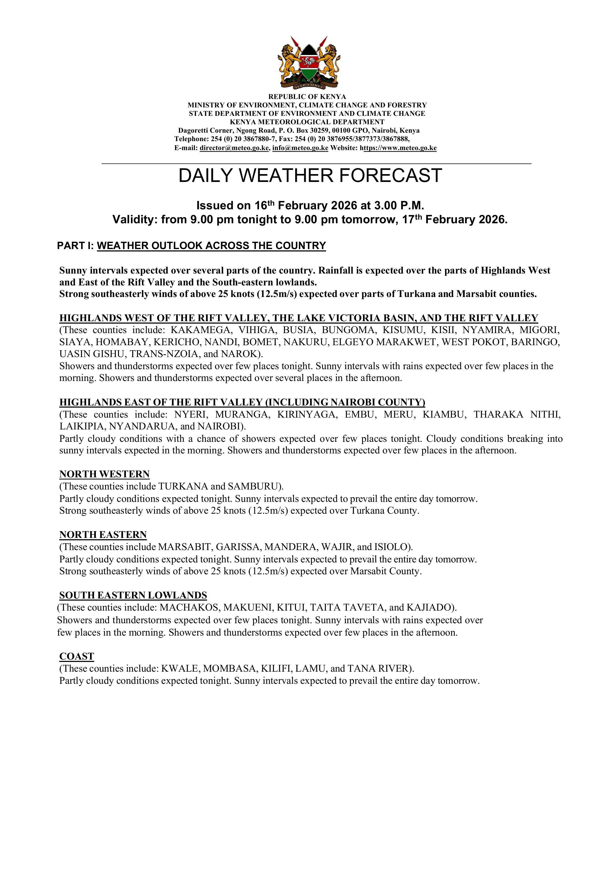 Daily weather forecast valid 17th Feb 2026
