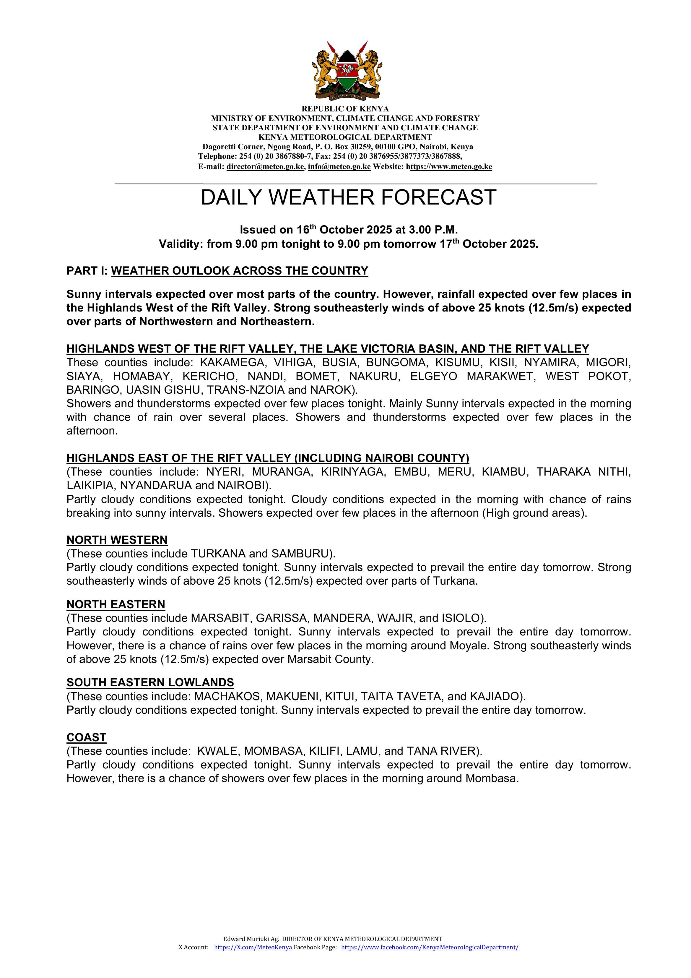 Daily weather forecast valid 17th October 2025