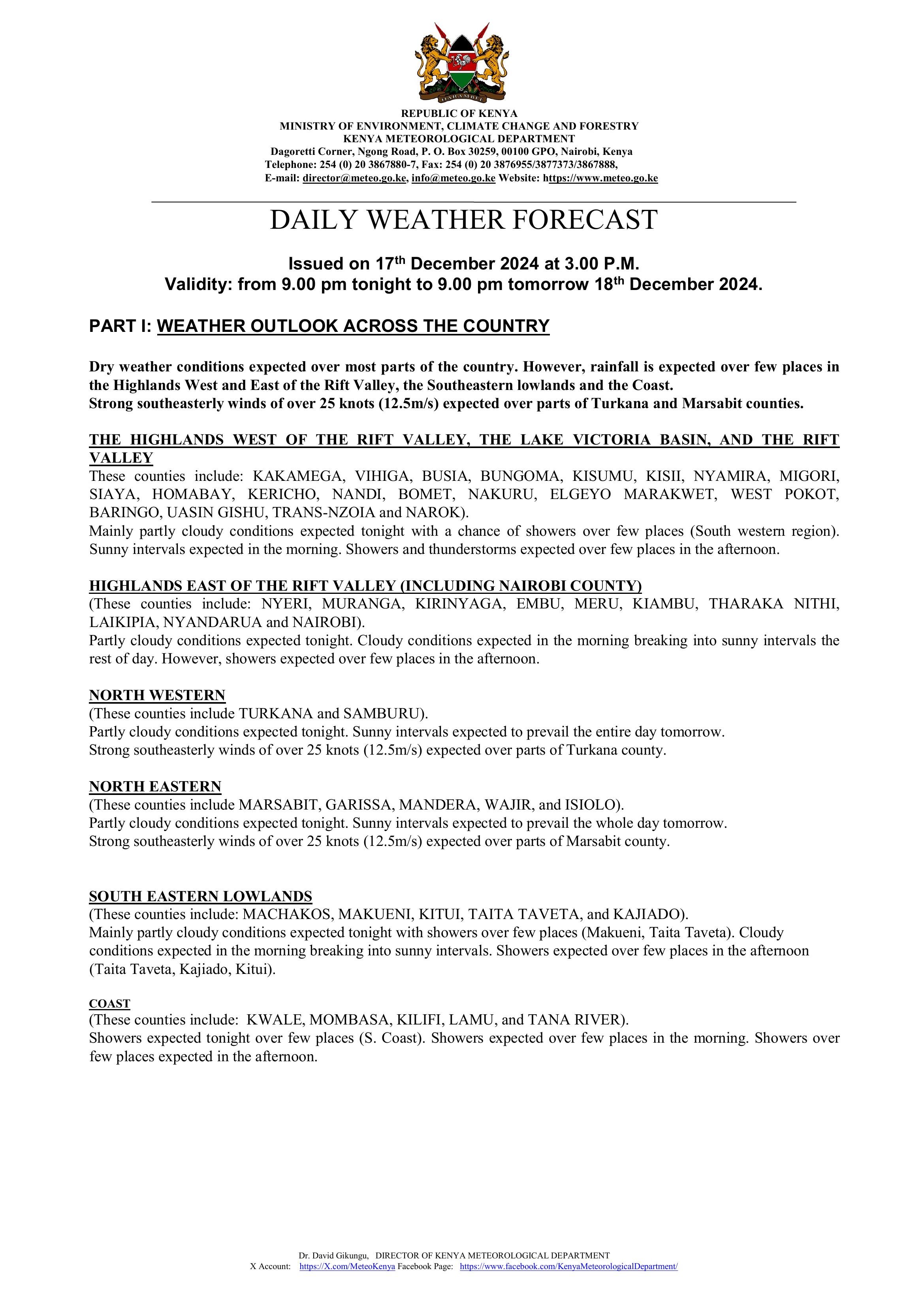 Daily Weather Forecast(18th December 2024)