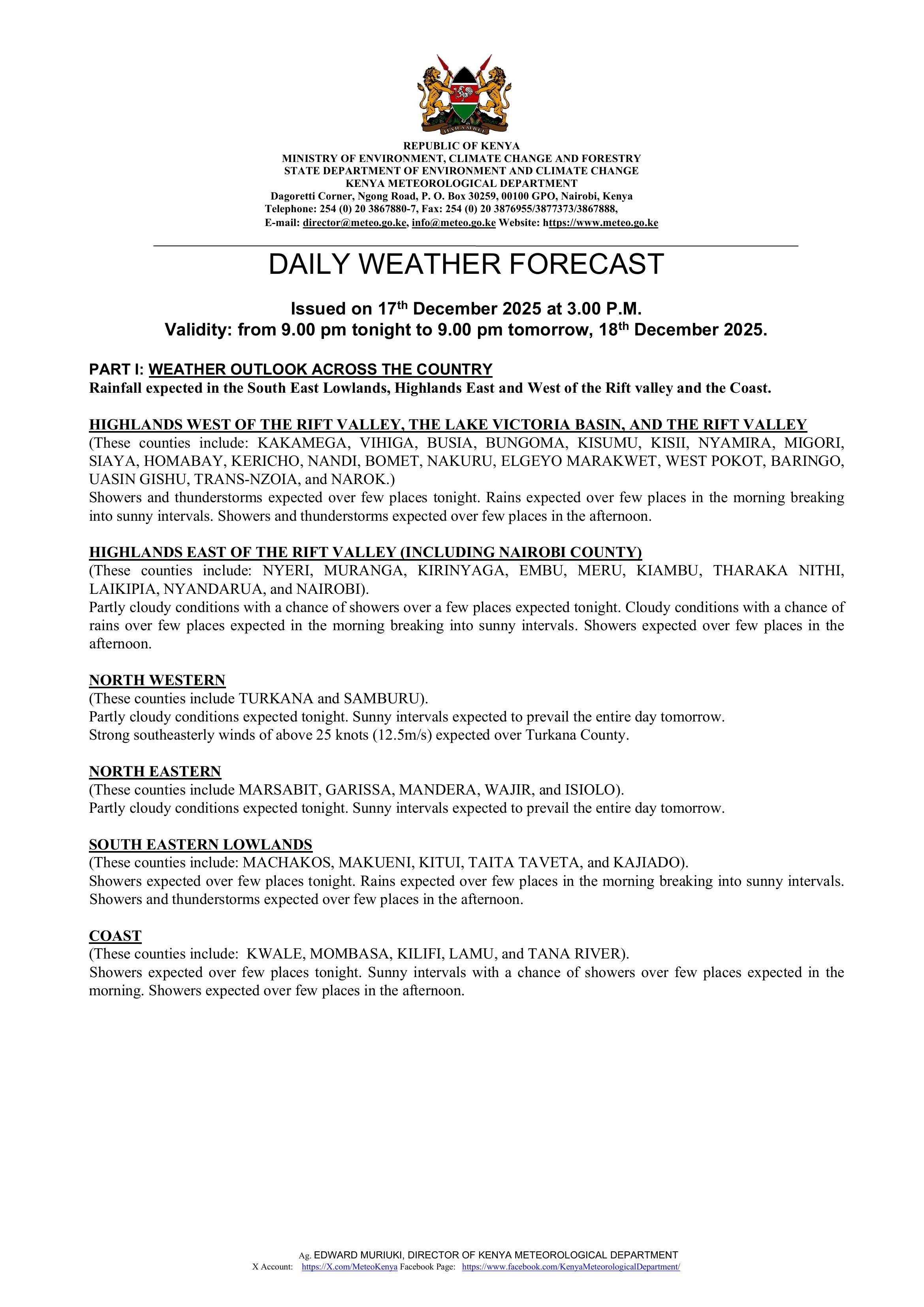Daily weather forecast valid 18th Dec 2025