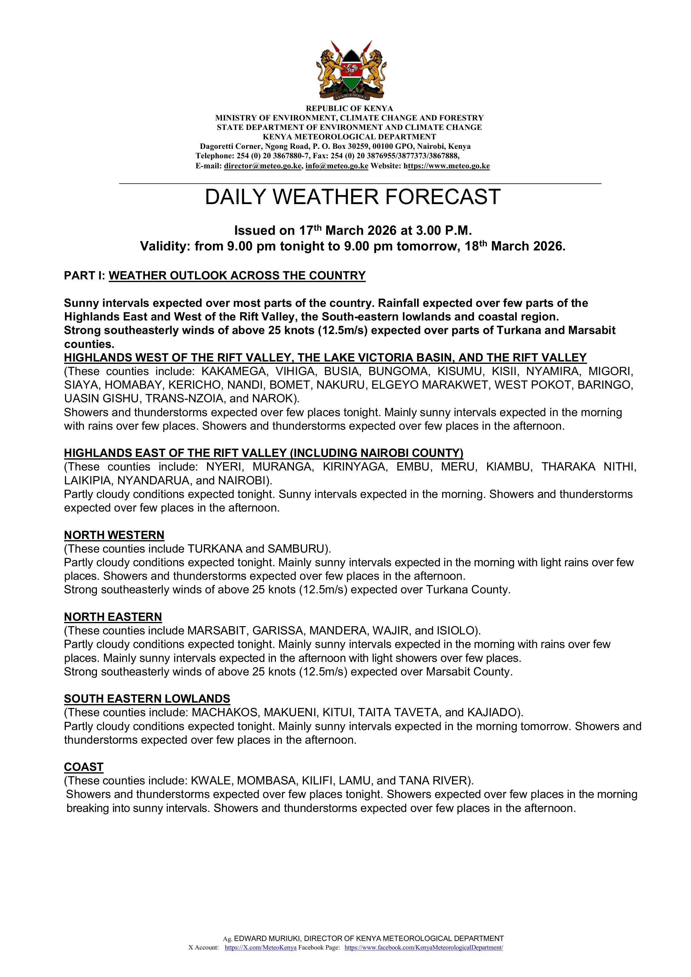 Daily weather forecast valid 18th March 2026
