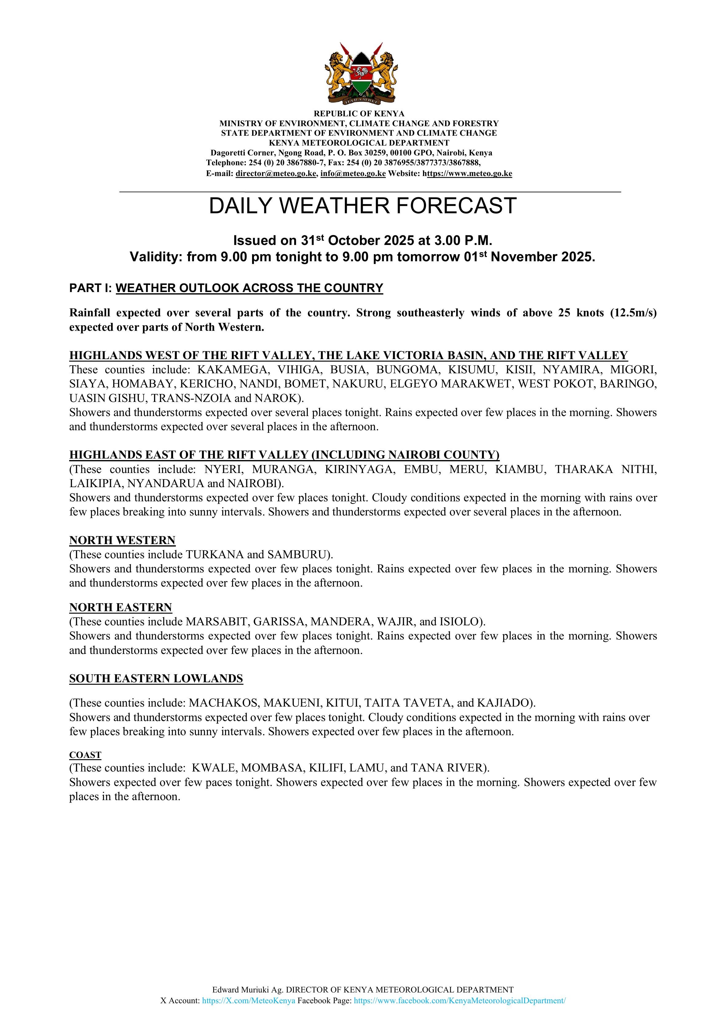 Daily Weather forecast valid 1st November 2025