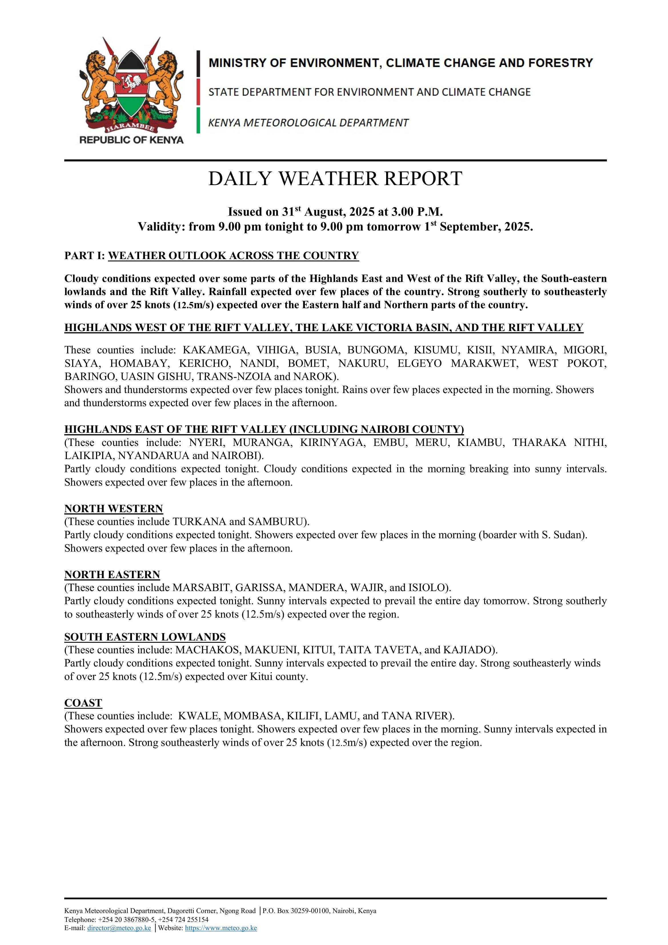 Daily weather forecast valid 1st September 2025