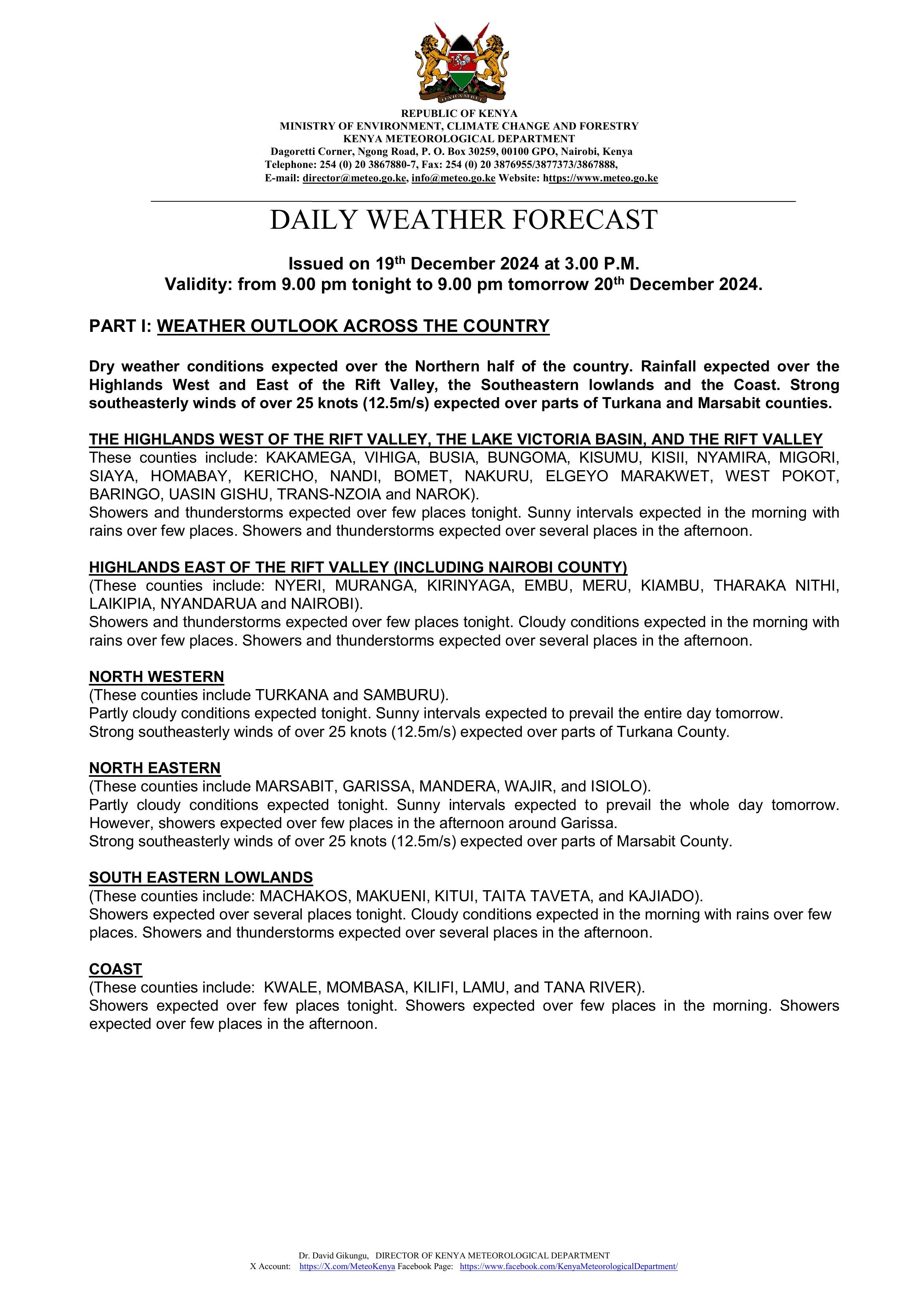 Daily Weather Forecast valid 20th December 2024