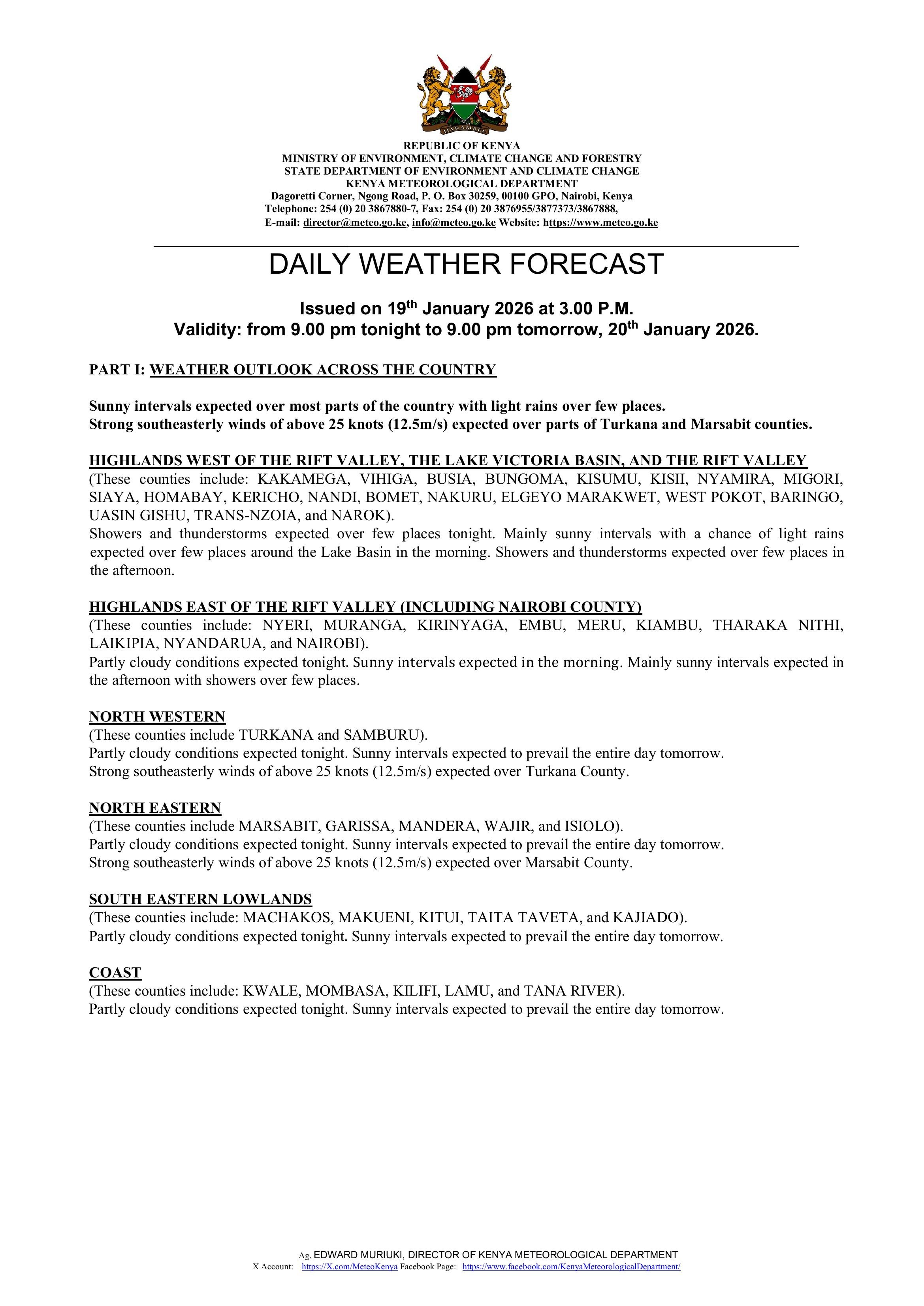 Daily Weather Forecast valid 20th January 2026