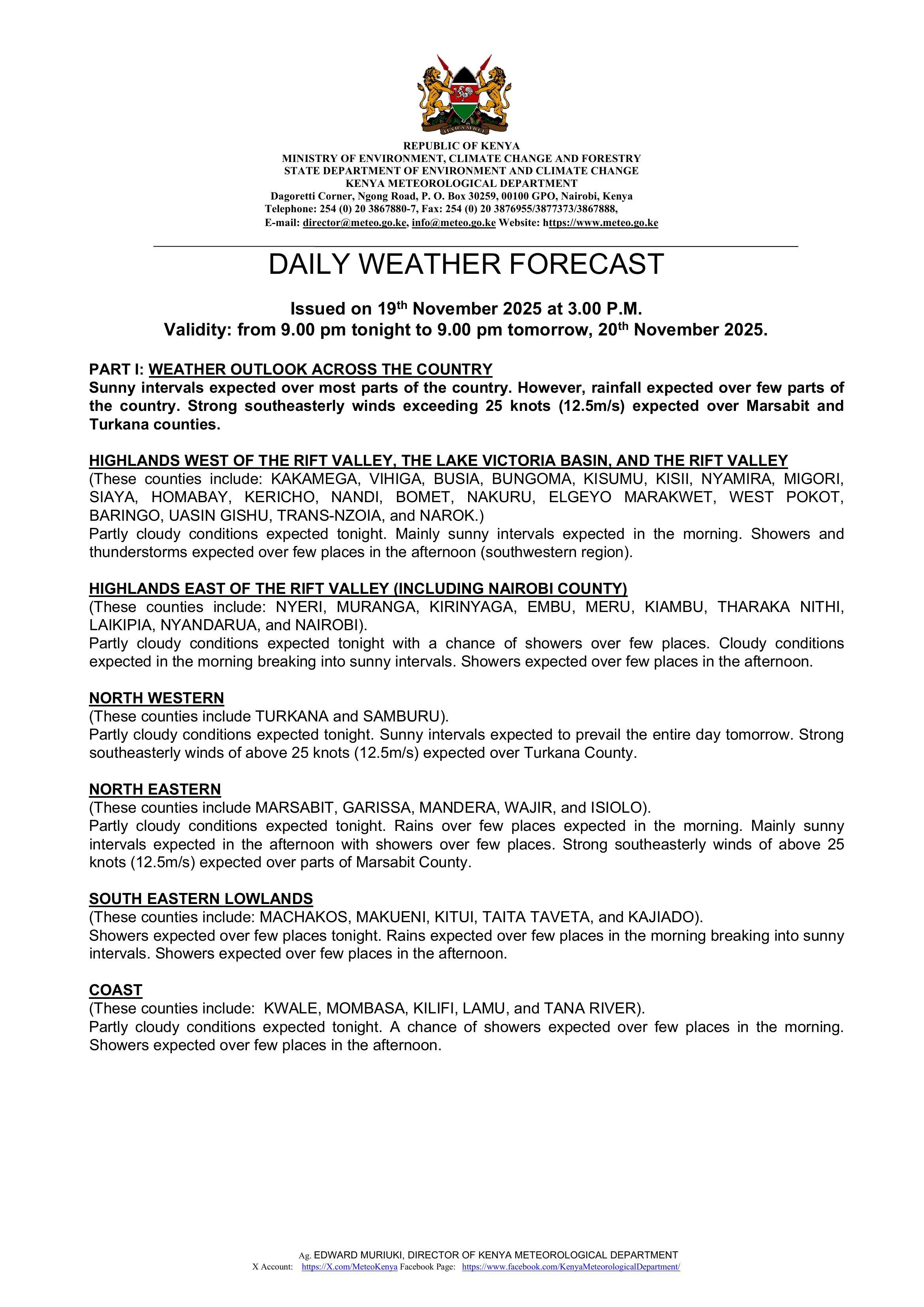 Daily weather forecast valid 20th Nov. 2025