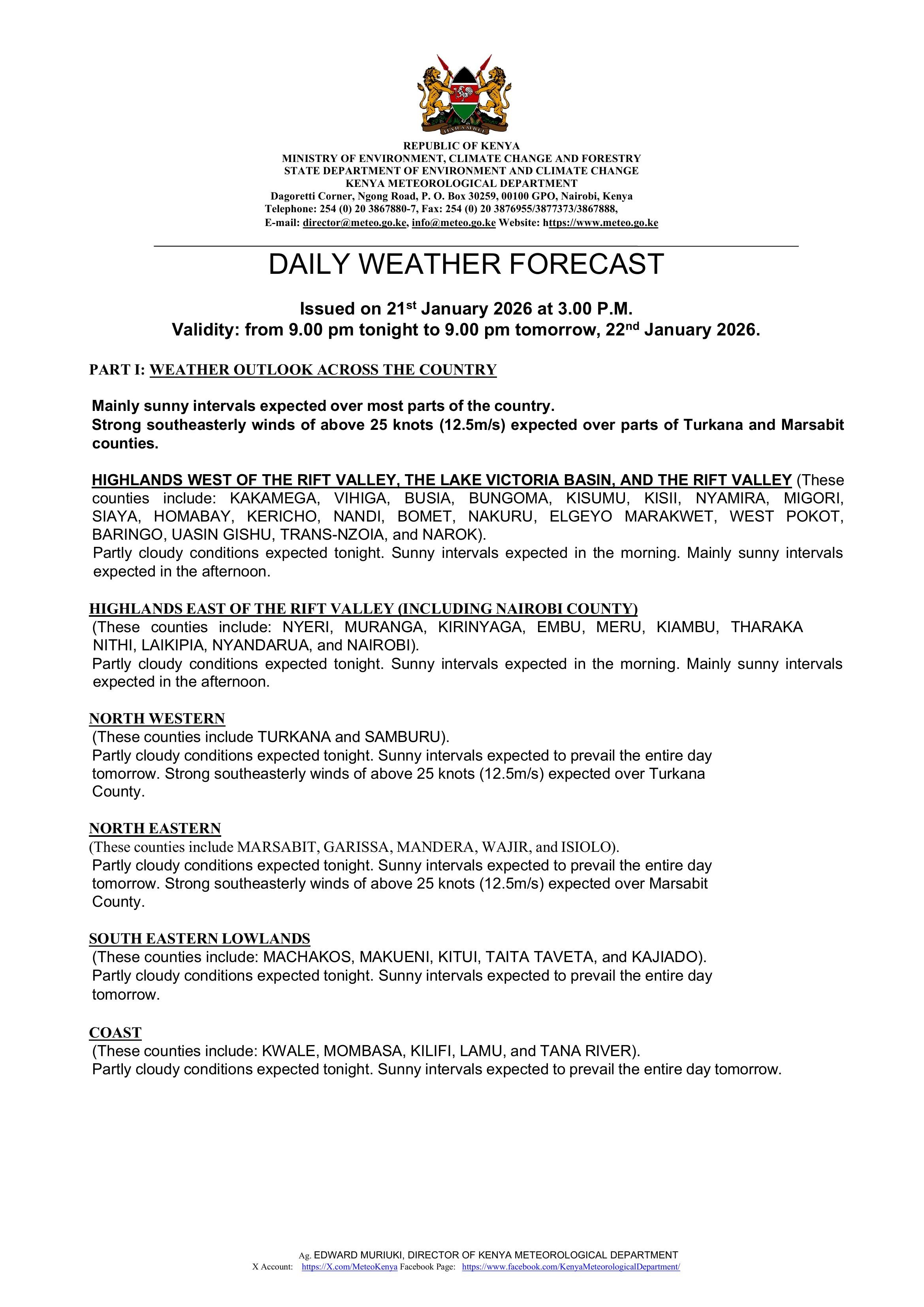 Daily Weather Forecast valid 22nd January 2026