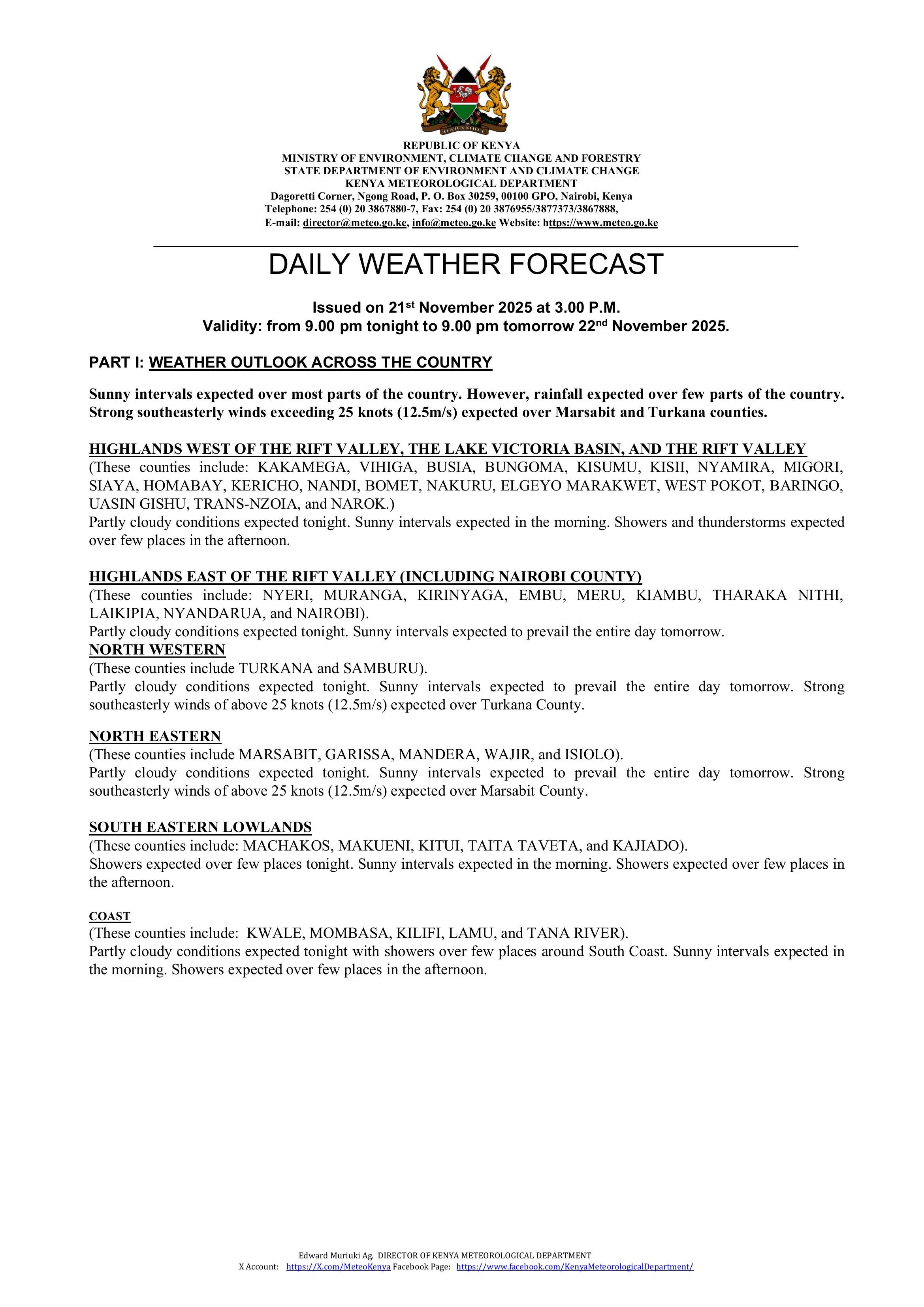 Daily weather forecast valid 22nd Nov. 2025