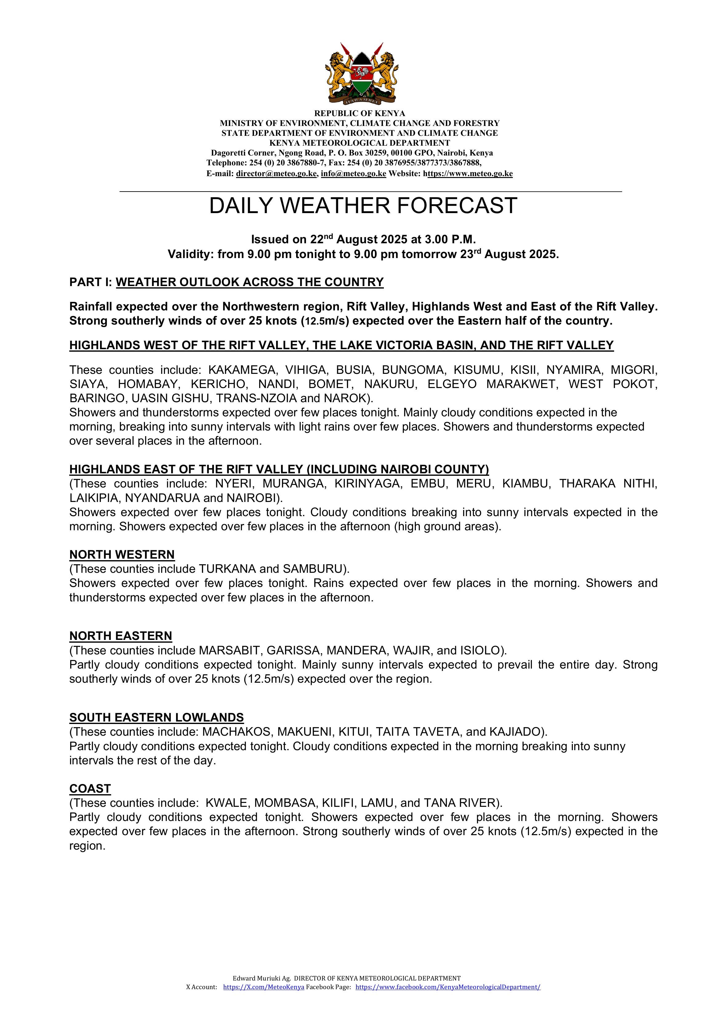 Daily weather forecast Valid 23rd August 2025