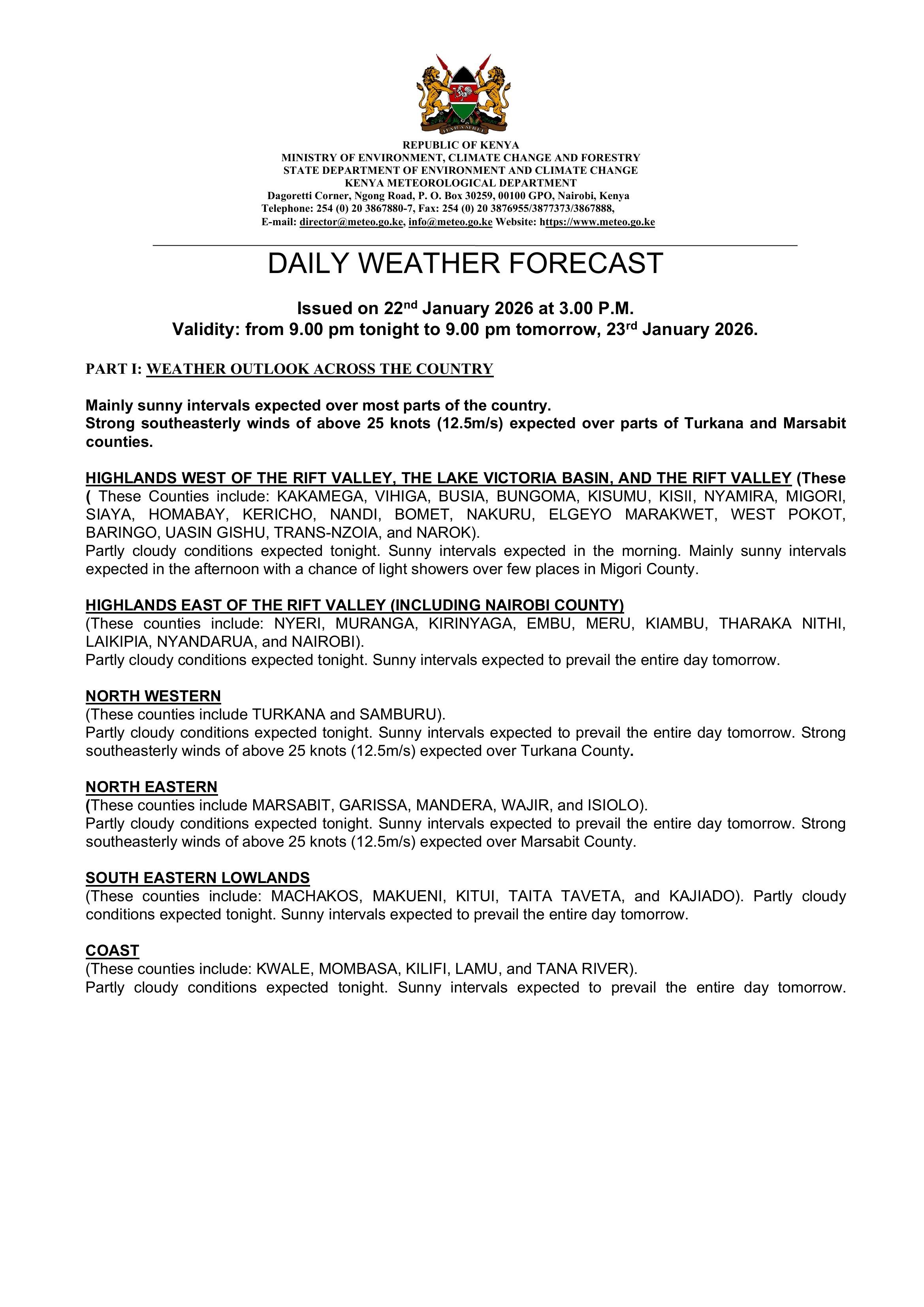 Daily Weather Forecast valid 23rd January 2026