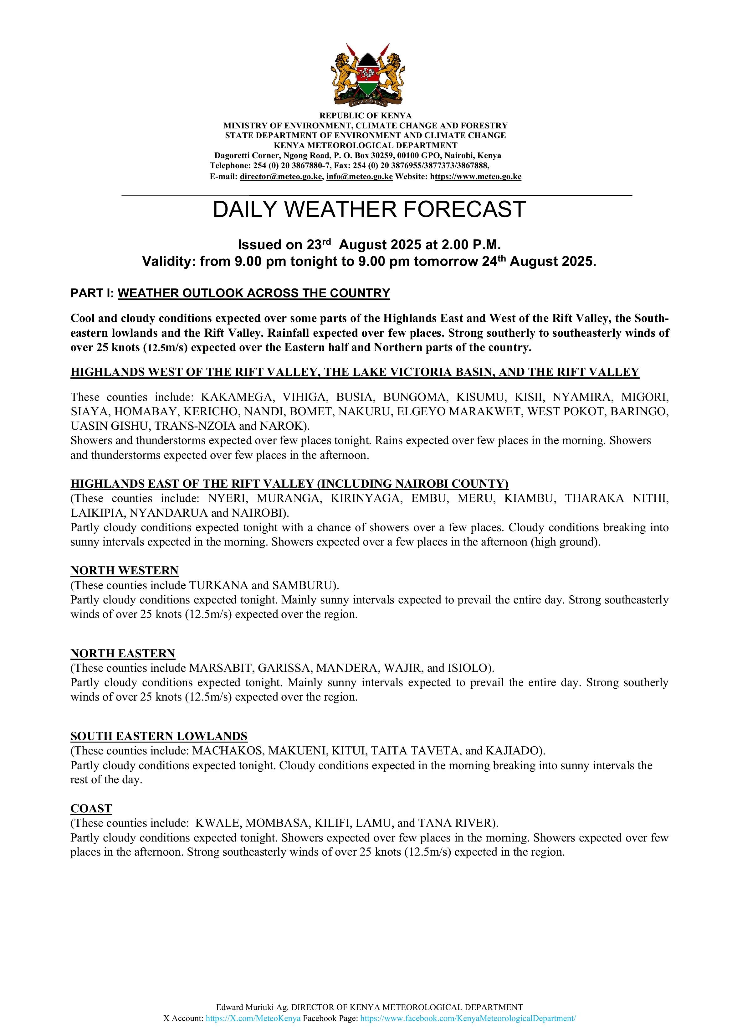 Daily weather forecast (24th August 2025)
