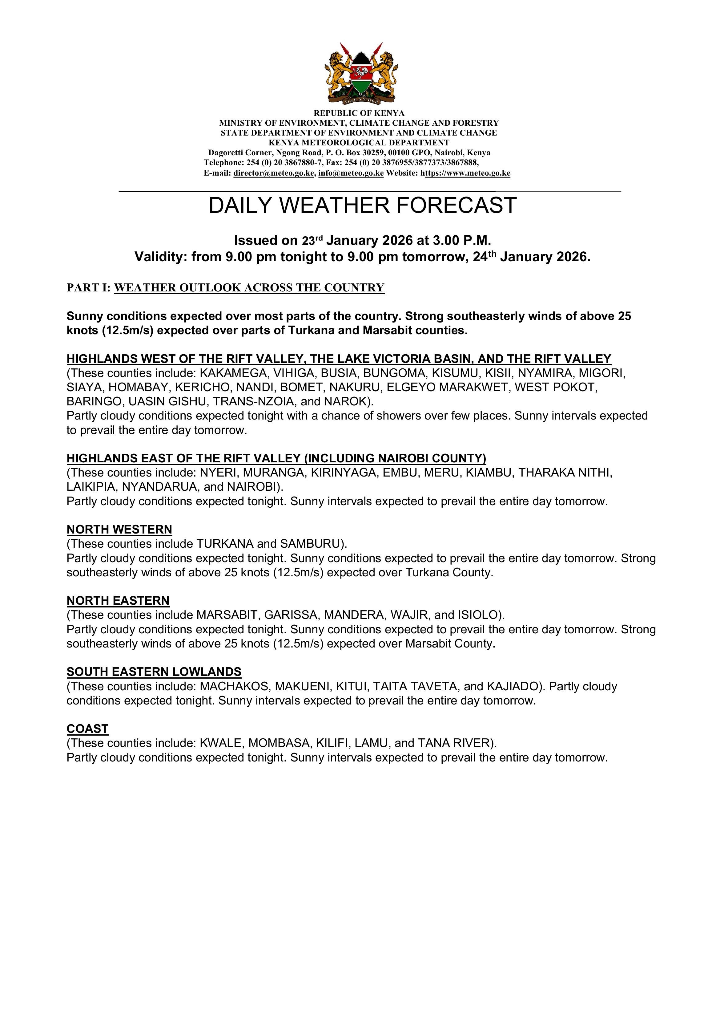 Daily Weather Forecast valid 24th January 2026