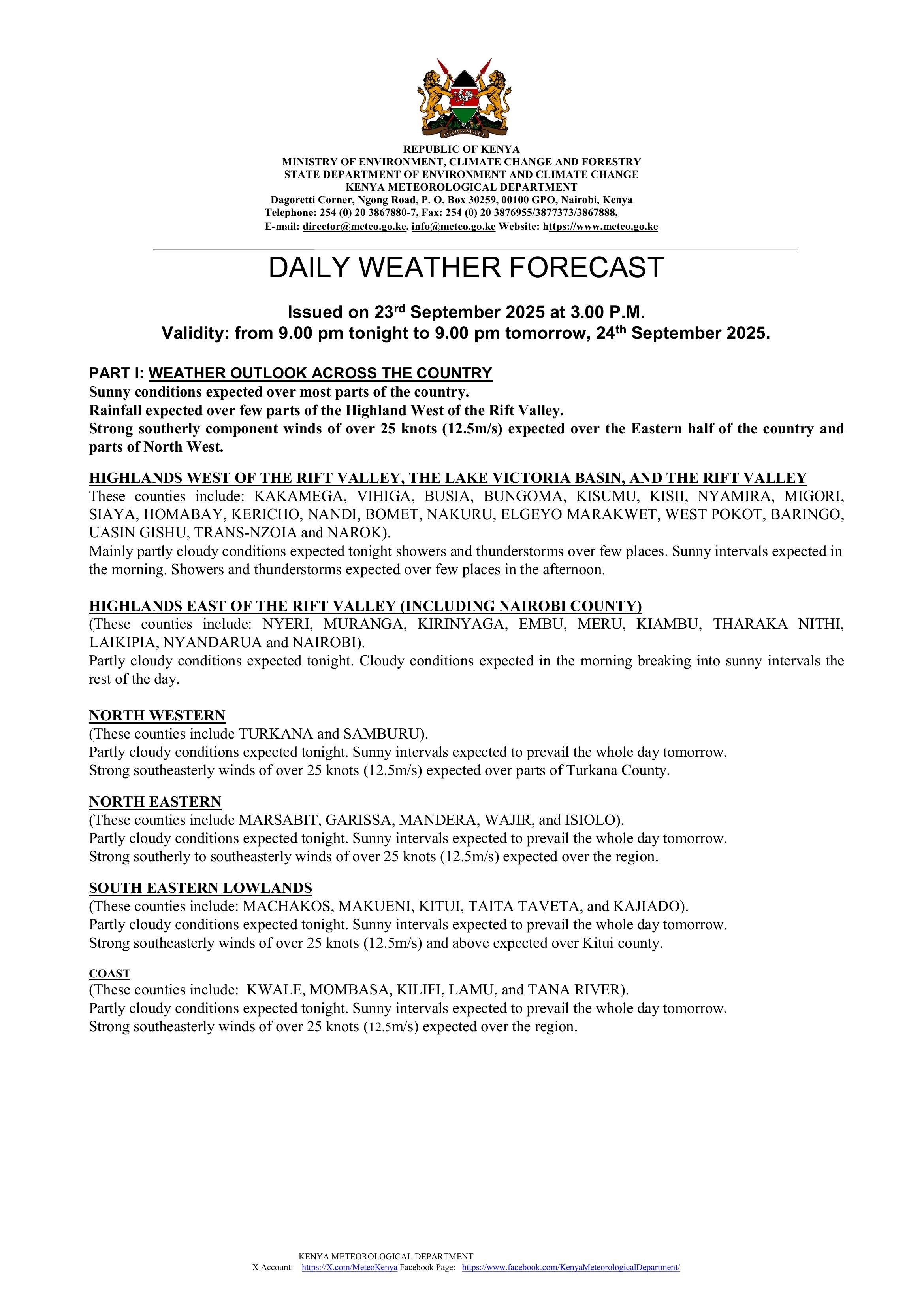 Daily weather forecast valid 24 Sept. 2025