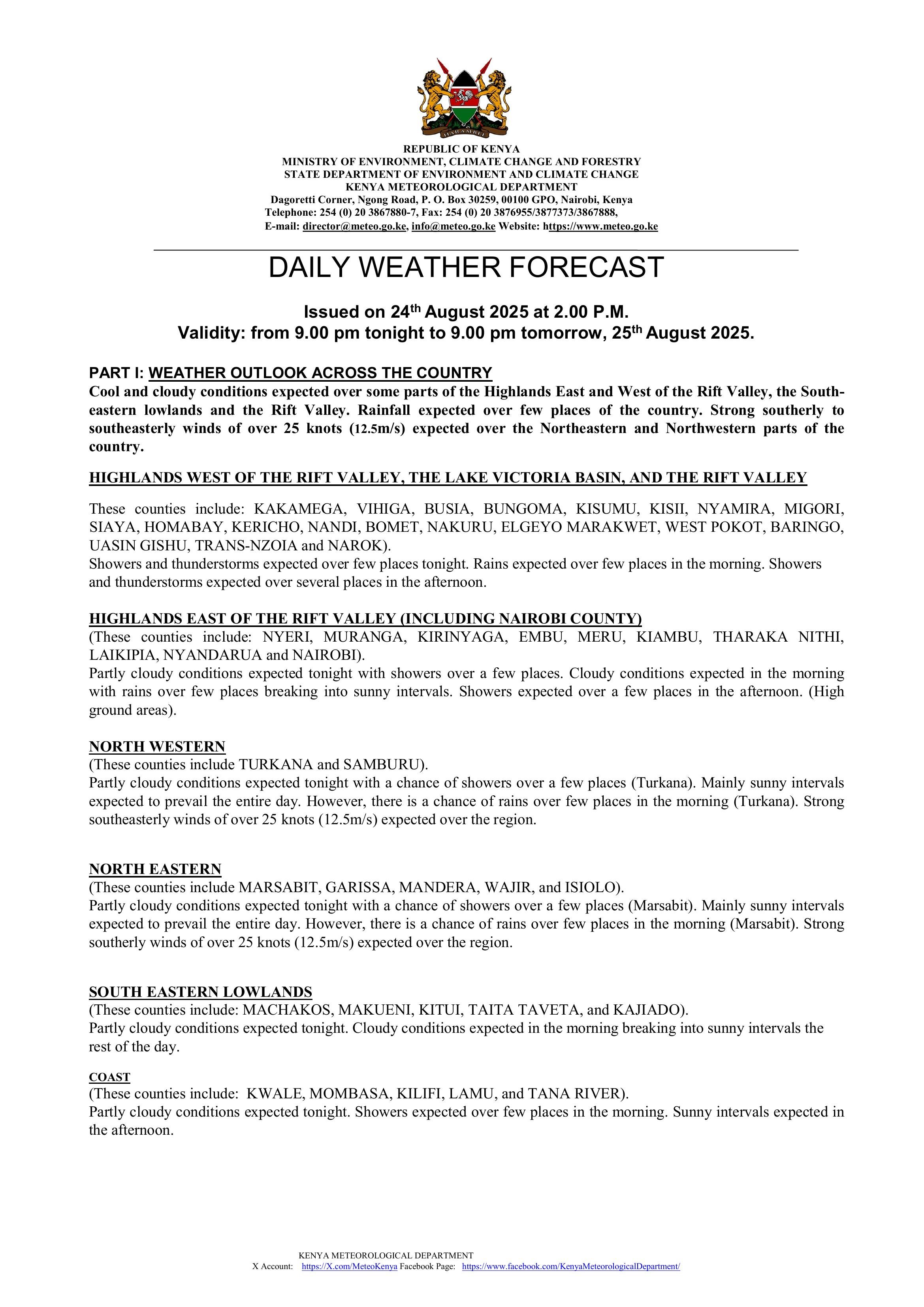 Daily weather forecast(25th August 2025)