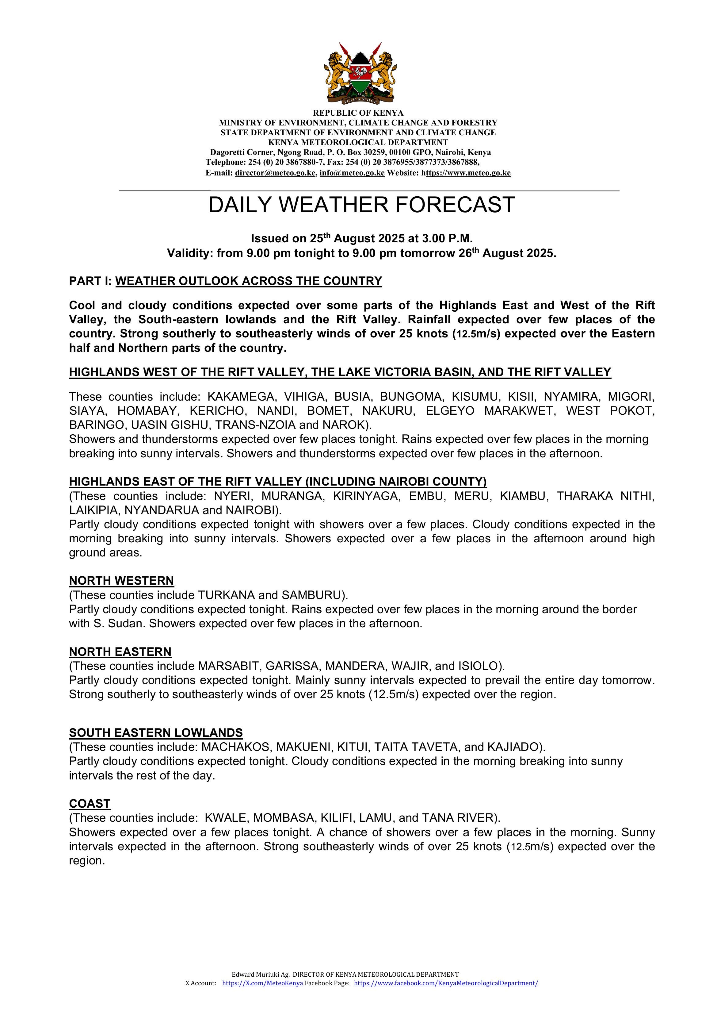 Daily weather forecast Valid 26th August 2025