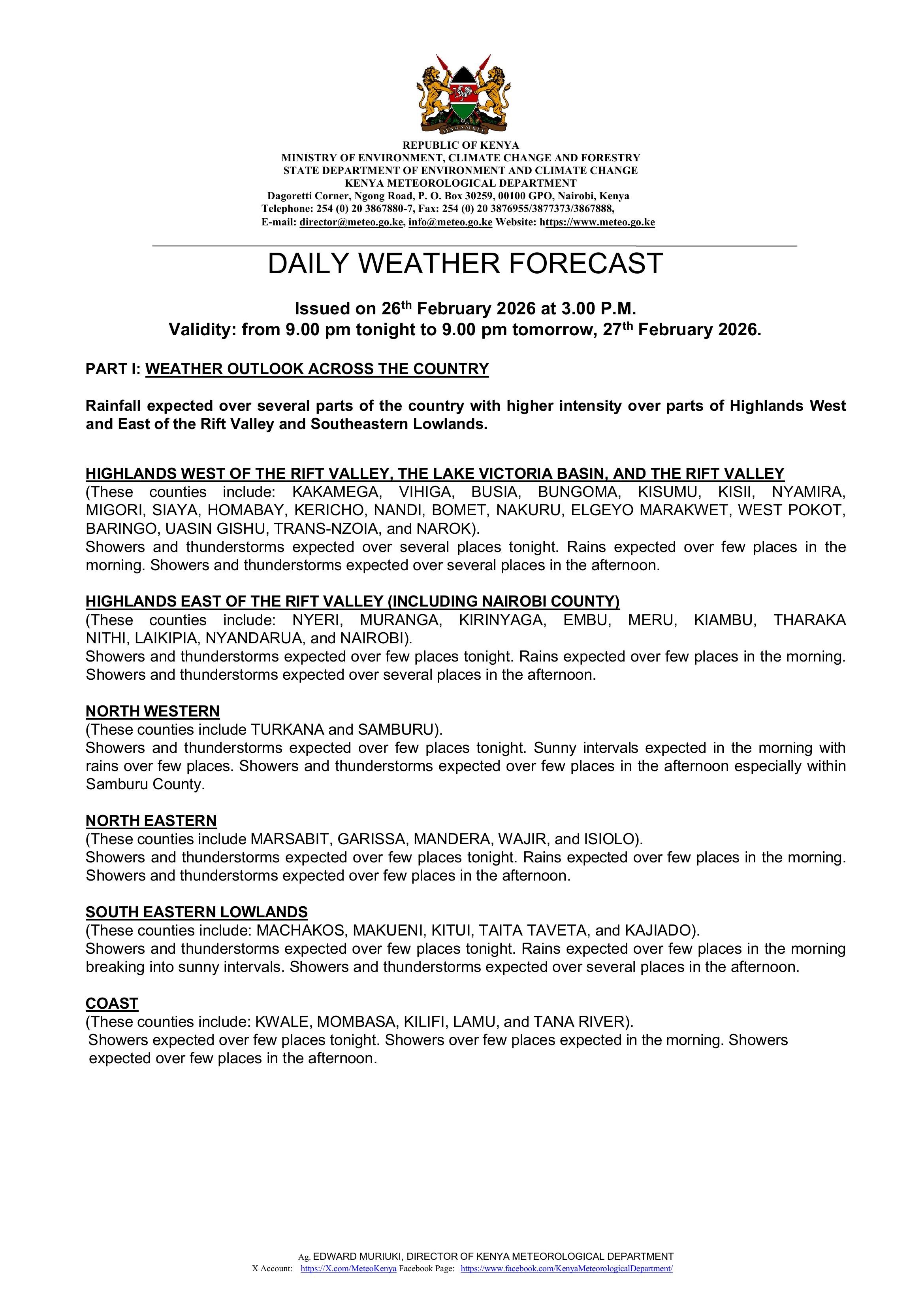 Daily weather forecast valid 27th Feb 2026