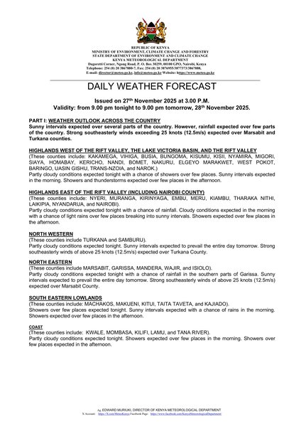 Daily weather forecast valid 28th Nov.2025