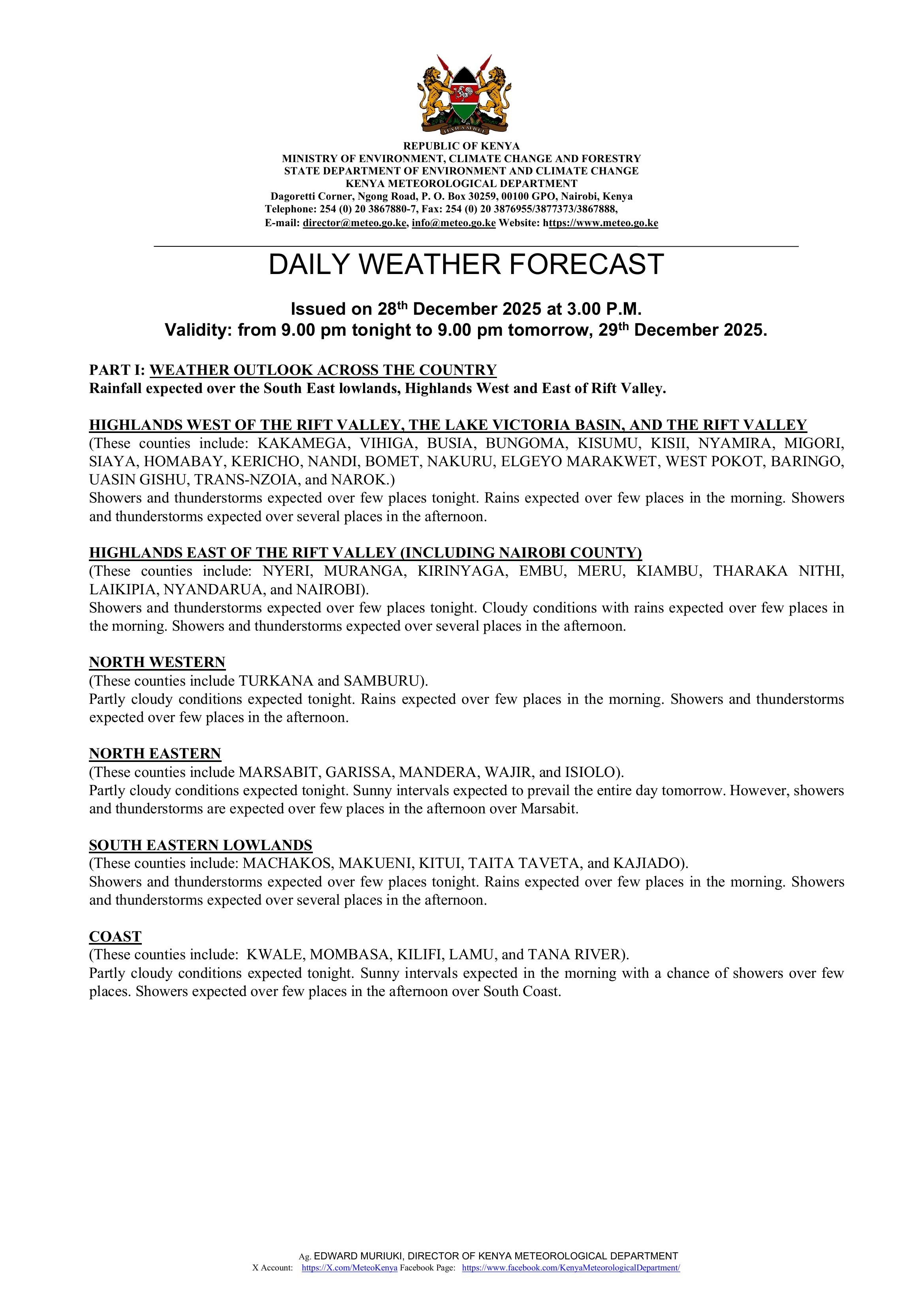 Daily Weather Forecast valid 29th December 2025