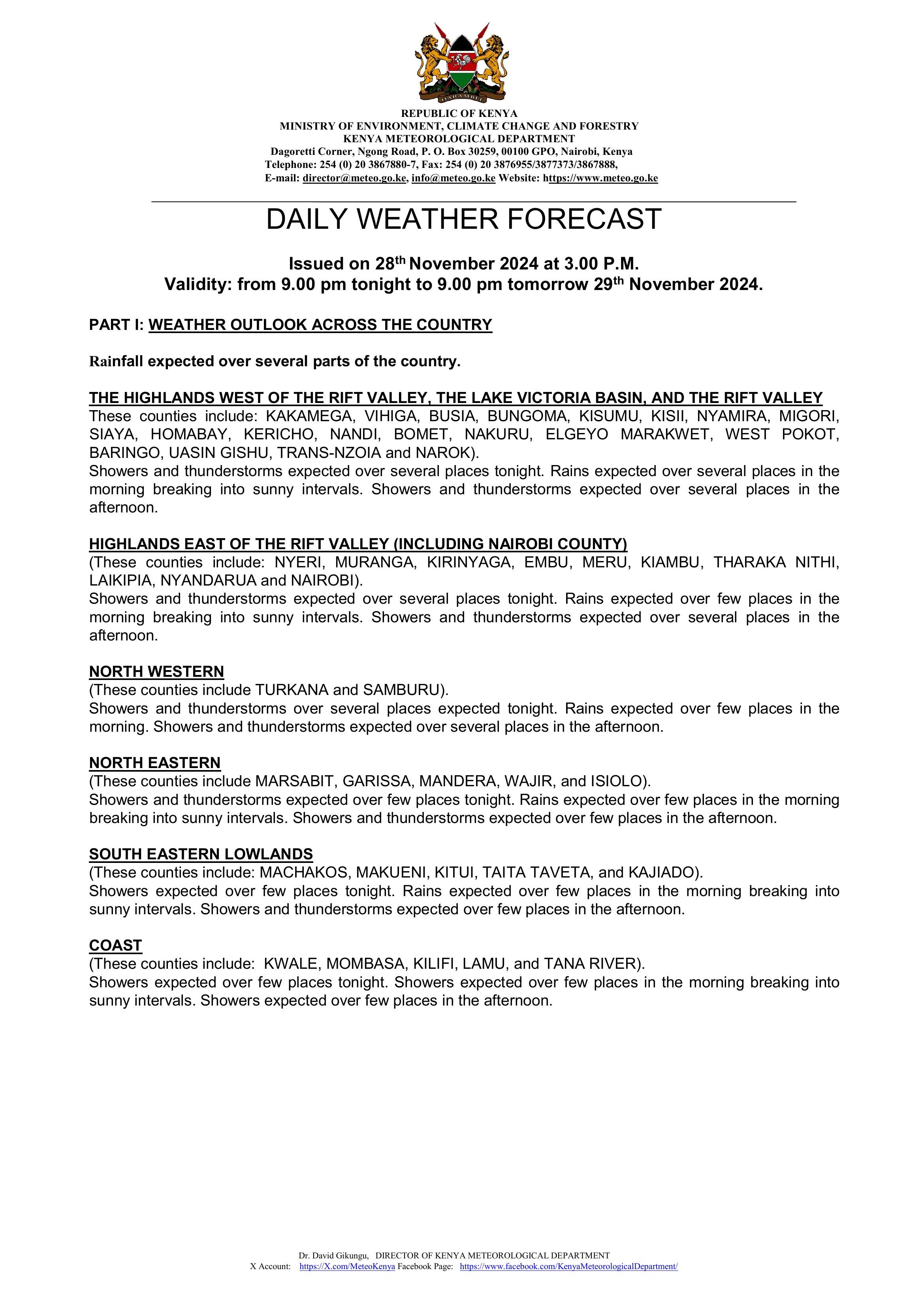 Daily weather forecast (29 Nov. 2024)