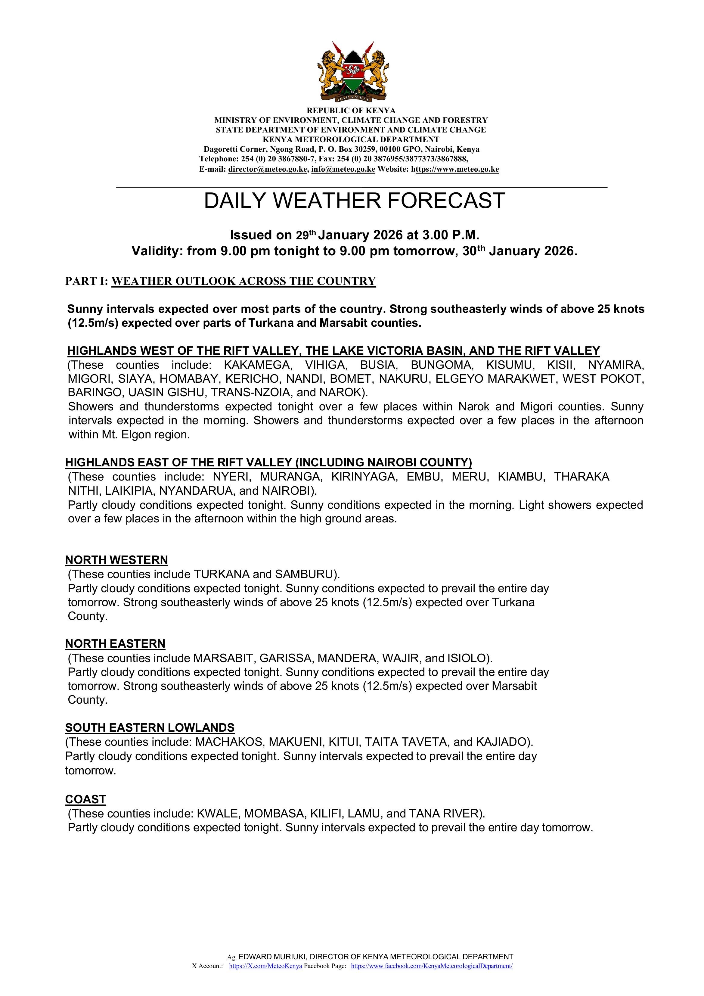 Daily Weather Forecast valid 30th January 2026