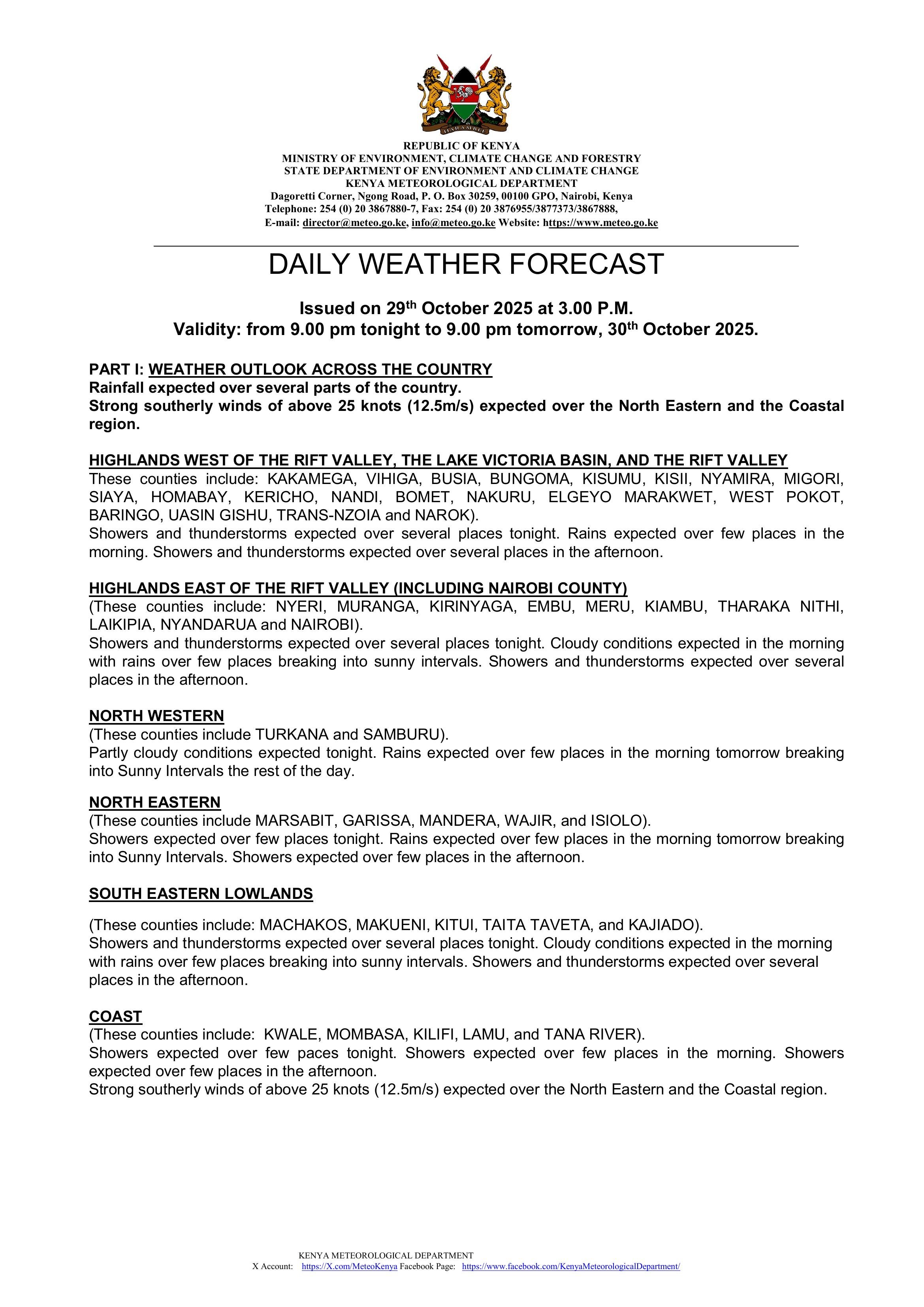 Daily weather forecast valid 30th October 2025