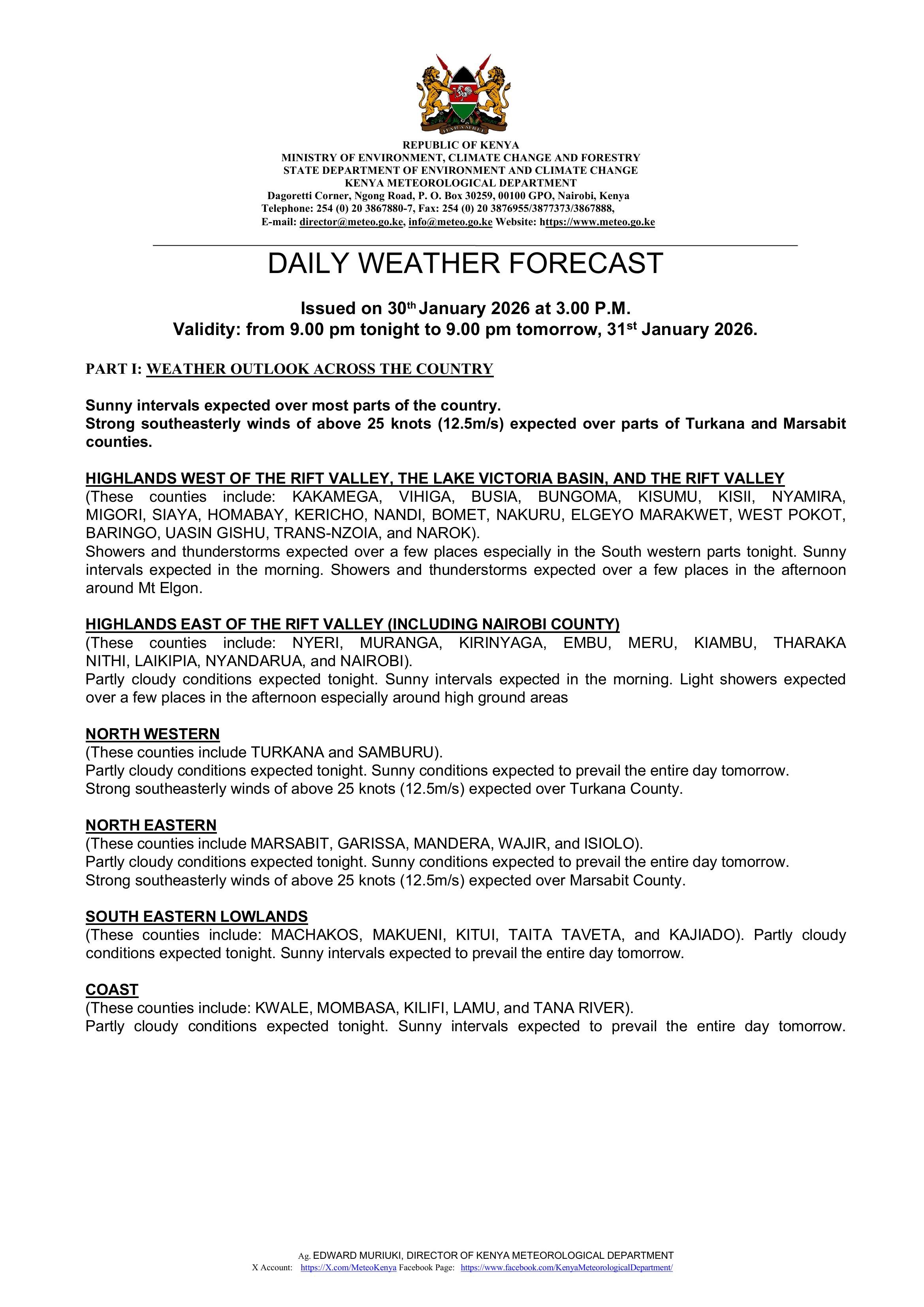 Daily Weather Forecast valid 31st January 2026
