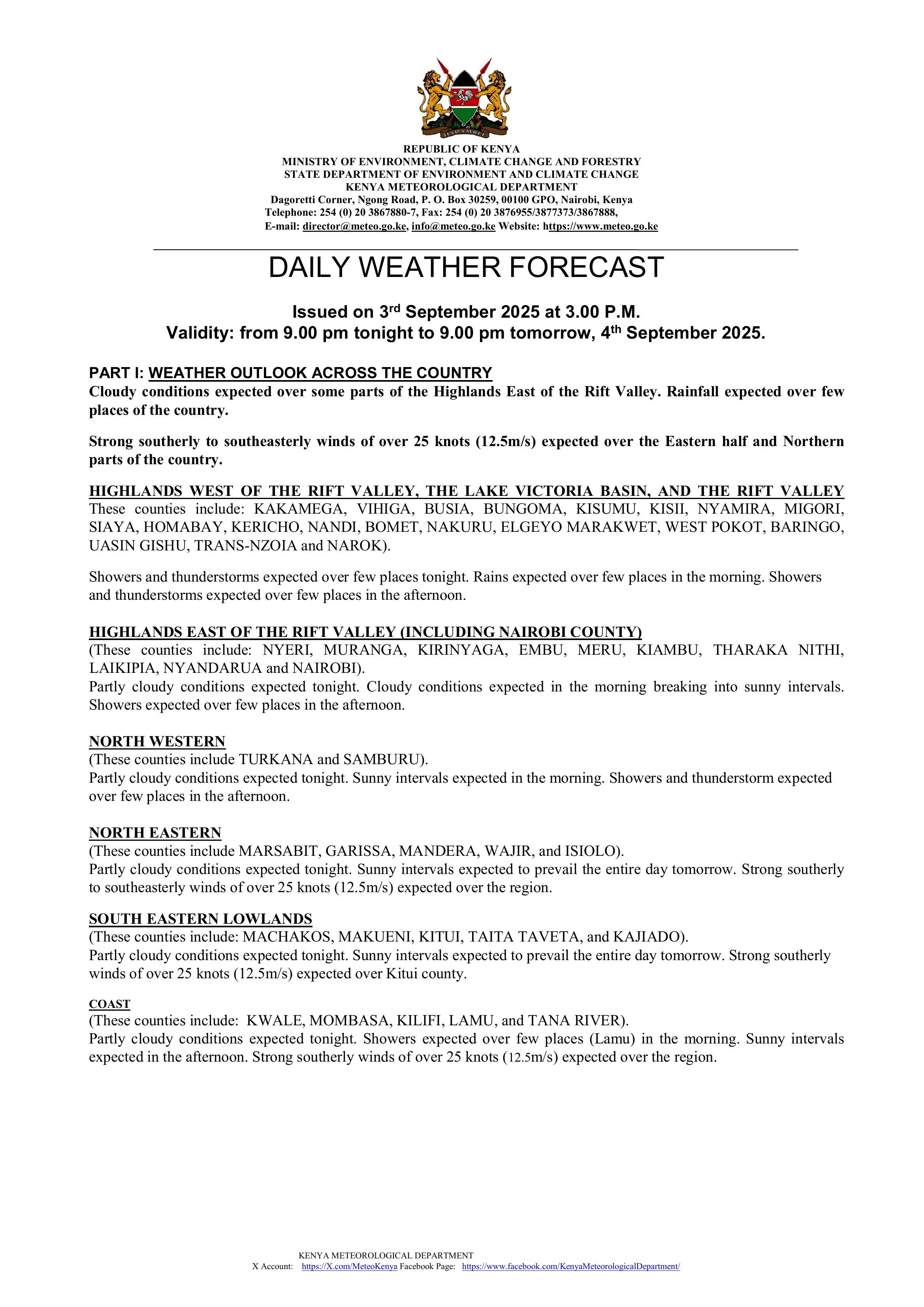 Daily weather forecast 4th Sept 2025